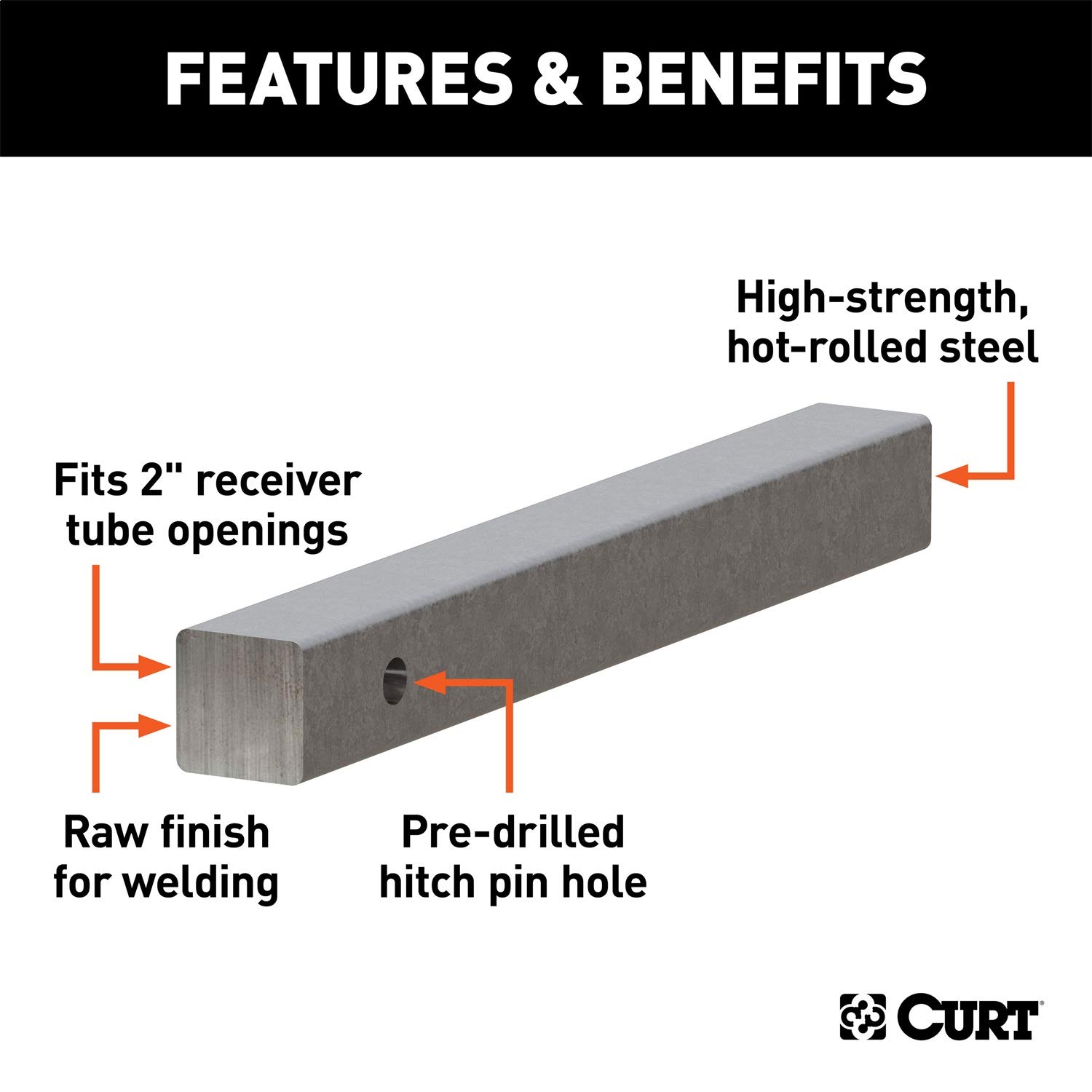 CURT 49533 2-Inch x 18-Inch Weld-On Raw Steel Trailer Hitch Bar Shank
