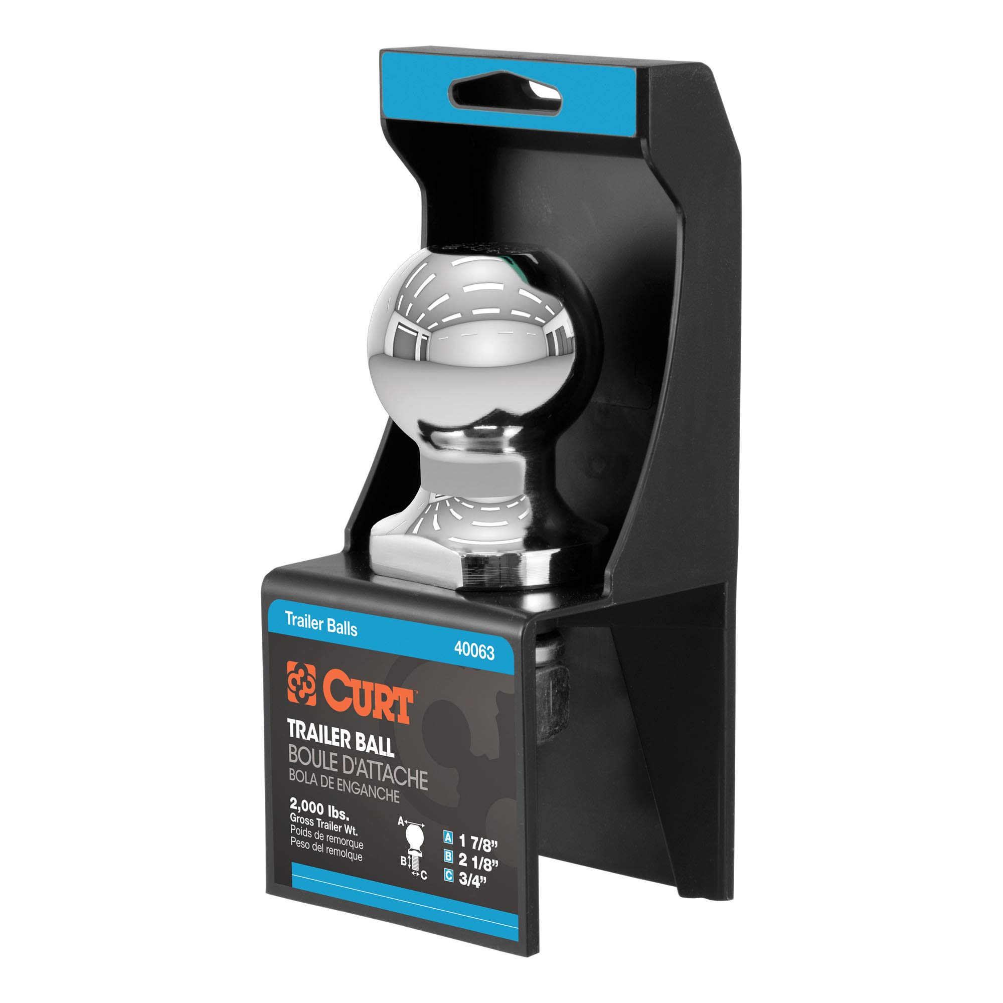 CURT 40063 Chrome Trailer Hitch Ball, 2,000 lbs, 1-7/8-Inch Diameter, 3/4 x 2-1/8-Inch Shank