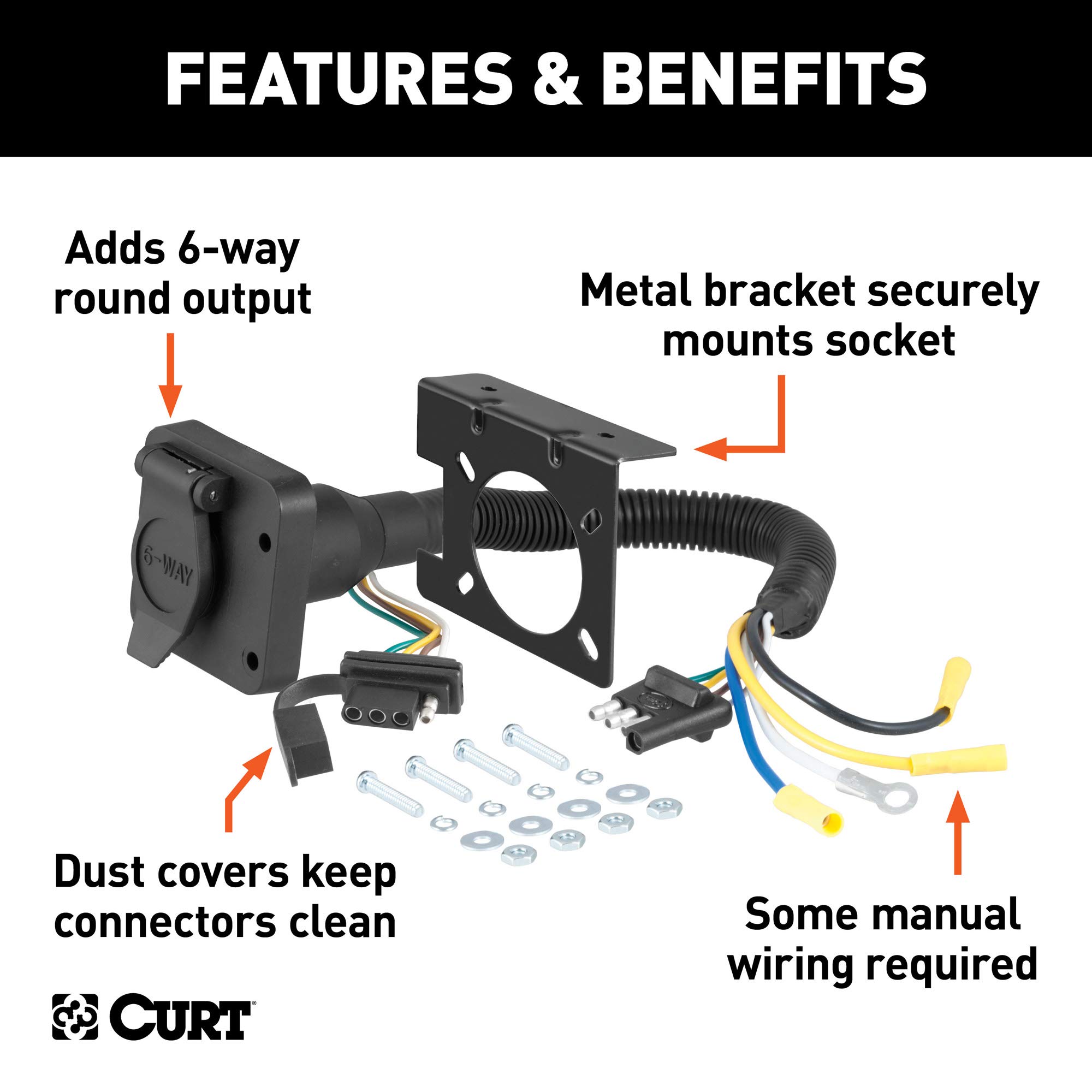 CURT 57604 Dual-Output 4-Way Flat Vehicle-Side to 6-Way Round Trailer Wiring Adapter