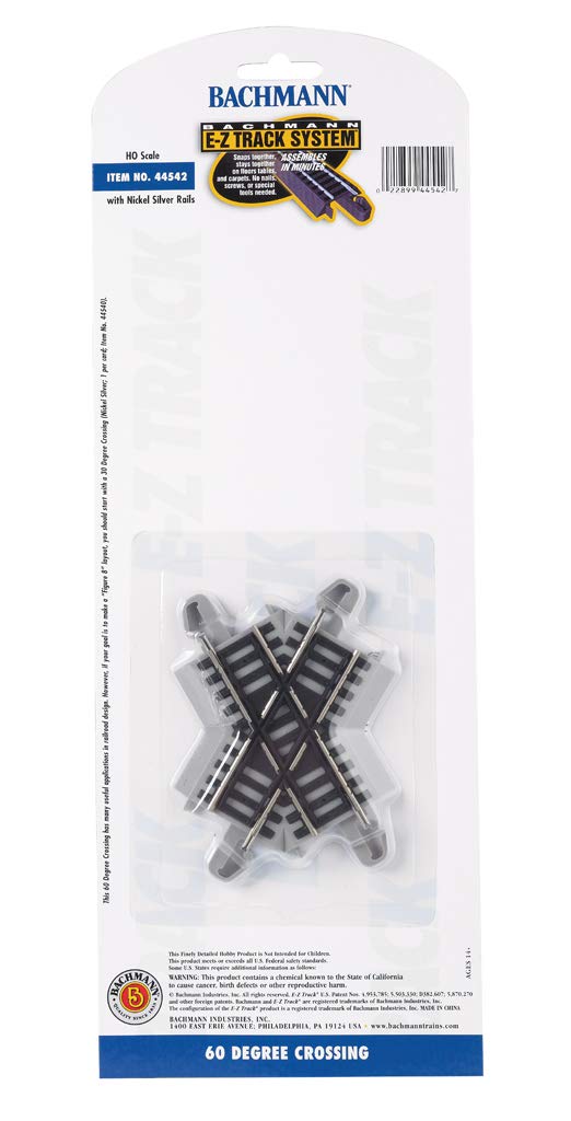 Bachmann Trains - Snap-Fit E-Z TRACK 60 DEGREE CROSSING (1/card) - NICKEL SILVER Rail With Gray Roadbed - HO Scale