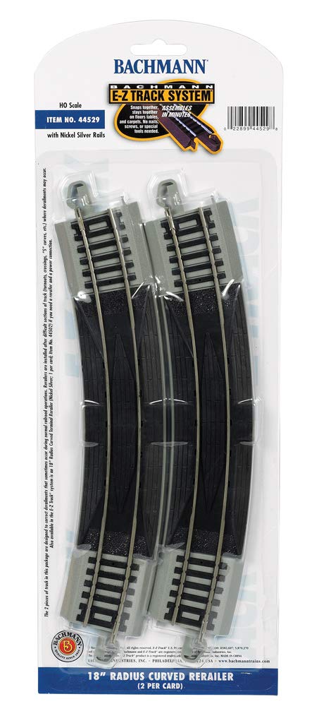 Bachmann Trains - Snap-Fit E-Z TRACK 18” RADIUS CURVED RERAILER (2/card) - NICKEL SILVER Rail With Gray Roadbed - HO Scale