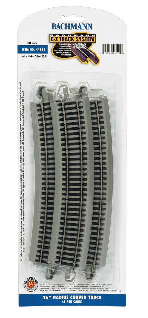 Bachmann Trains - Snap-Fit E-Z TRACK 26” RADIUS CURVED TRACK (5/card) - NICKEL SILVER Rail With Gray Roadbed - HO Scale
