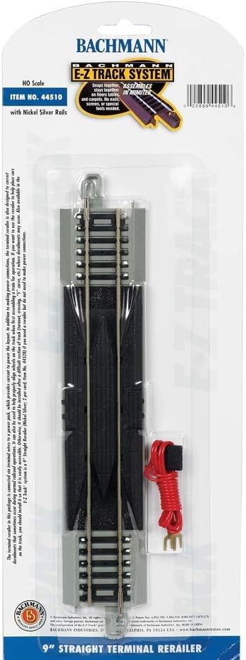 Bachmann Trains - Snap-Fit E-Z Track 9” Straight Terminal Rerailer w/Wire (1/card) - Nickel Silver Rail With Gray Roadbed - HO Scale