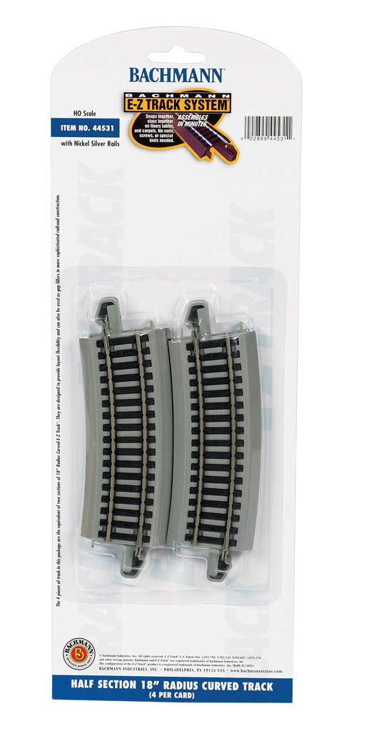 Bachmann Trains - Snap-Fit E-Z TRACK HALF SECTION 18” RADIUS CURVED (4/card) - NICKEL SILVER Rail With Gray Roadbed - HO Scale , Grey
