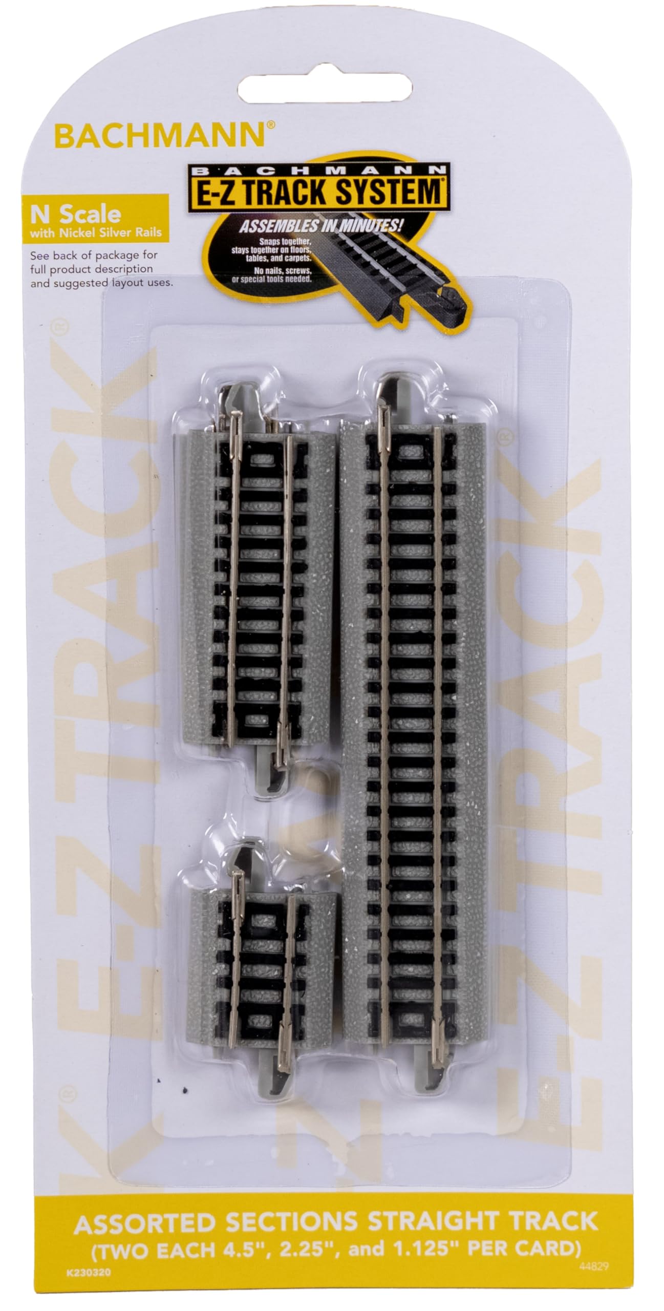 Bachmann Trains - Snap-Fit E-Z TRACK ASST. SECTIONS STRAIGHT TRACK (2 each 4.50", 2.25" and 1.125" per card) - NICKEL SILVER Rail With Grey Roadbed - N Scale, 8