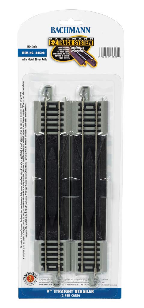 Bachmann Trains - Snap-Fit E-Z TRACK 9” STRAIGHT RERAILER (2/card) - NICKEL SILVER Rail With Gray Roadbed - HO Scale