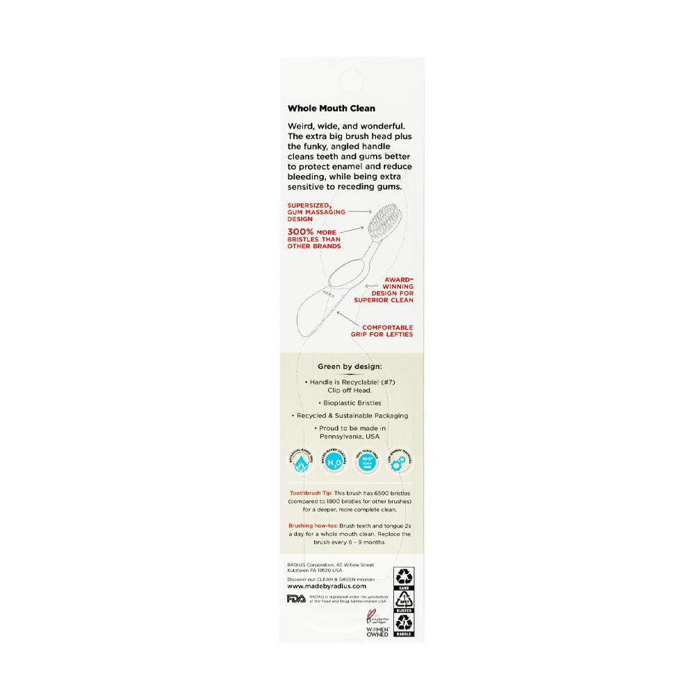 RADIUS - Original Left Hand Toothbrush, Soft Bristles, Designed to Improve Gum Health and Reduce the Risk of Gum Disease, Made with Sustainable Materials (Colors May Vary)
