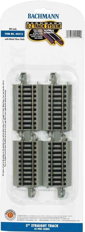 Bachmann Trains - Snap-Fit E-Z TRACK 3β STRAIGHT TRACK (4/card) - NICKEL SILVER Rail With Gray Roadbed - HO Scale