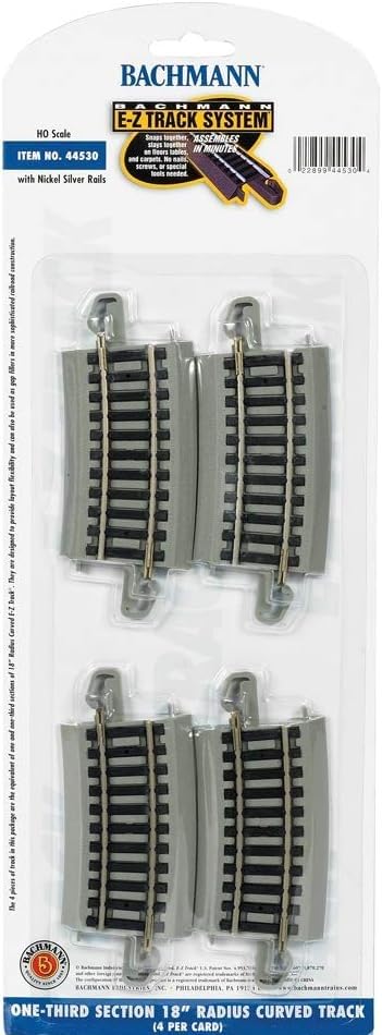 Bachmann Trains - Snap-Fit E-Z TRACK ONE-THIRD SECTION 18” RADIUS CURVED (4/card) - NICKEL SILVER Rail With Gray Roadbed - HO Scale