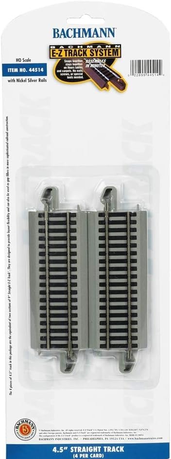 Bachmann Trains - Snap-Fit E-Z TRACK 4.50” STRAIGHT TRACK (4/card) - NICKEL SILVER Rail With Gray Roadbed - HO Scale