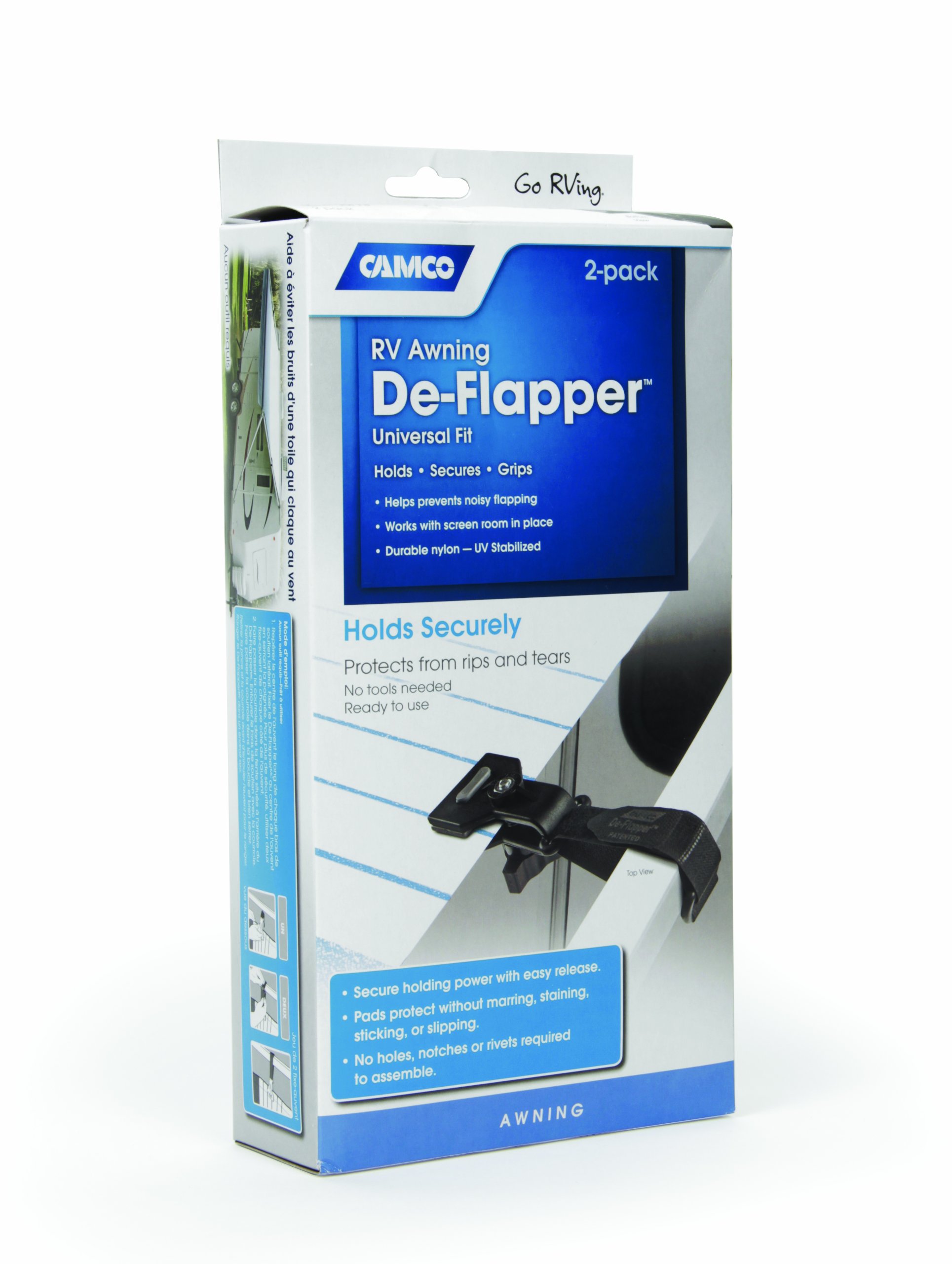 Camco RV Awning De-Flapper | Features a 2-Inch Wide Clamp with Soft Grippers, a Durable Nylon Design, and a 13-Inch Strap Length | 2-Pack (42061)