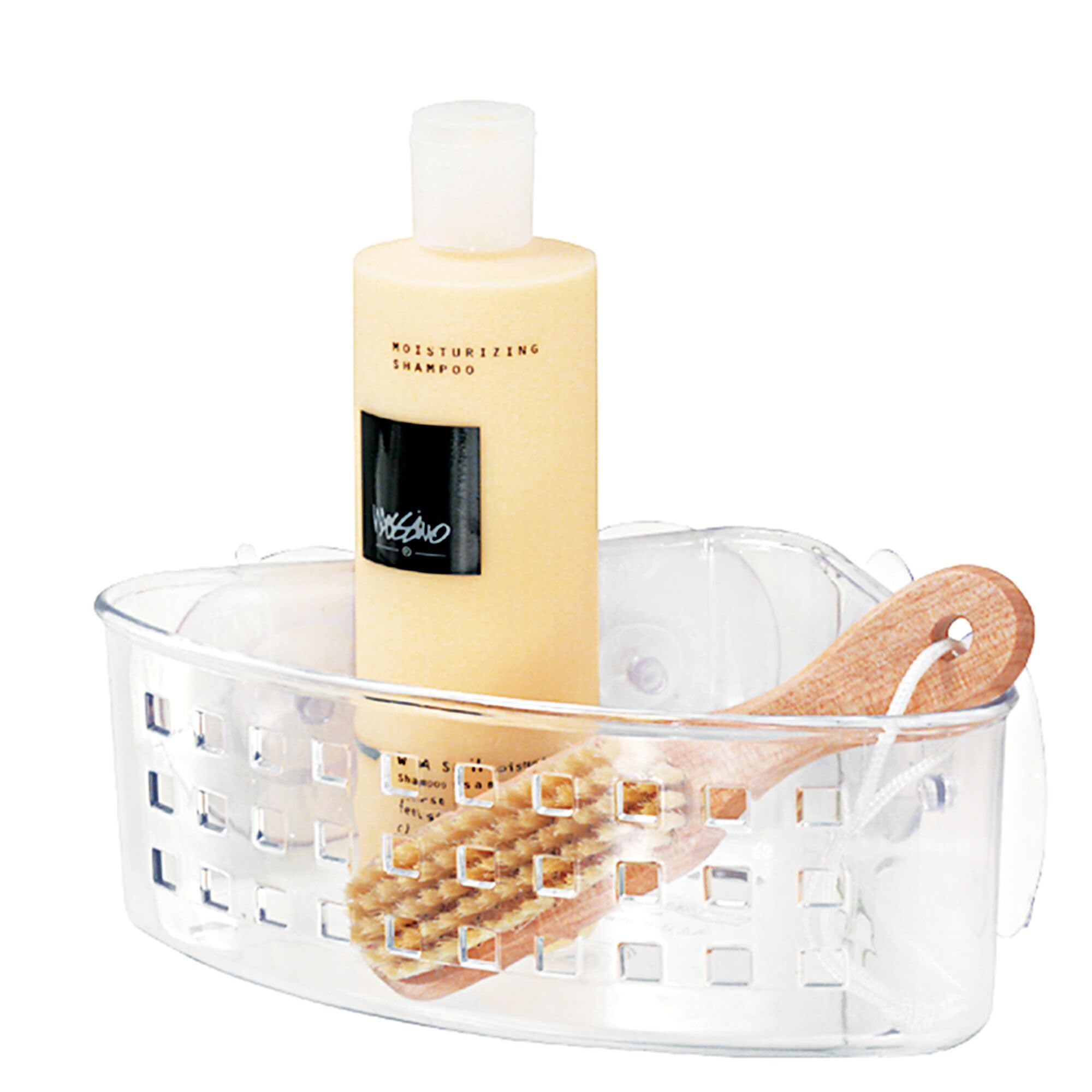 iDesign Plastic Bathroom Suction Holder, Shower Organizer Corner Basket for Sponges, Scrubbers, Soap, Shampoo, Conditioner, Clear