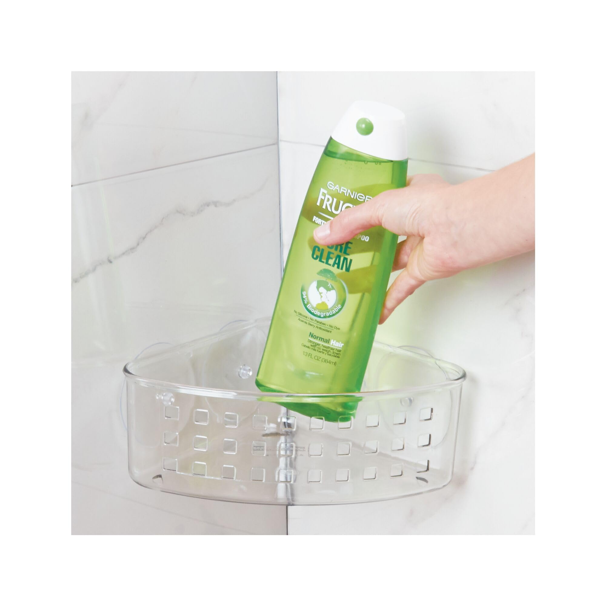 iDesign Plastic Bathroom Suction Holder, Shower Organizer Corner Basket for Sponges, Scrubbers, Soap, Shampoo, Conditioner, Clear