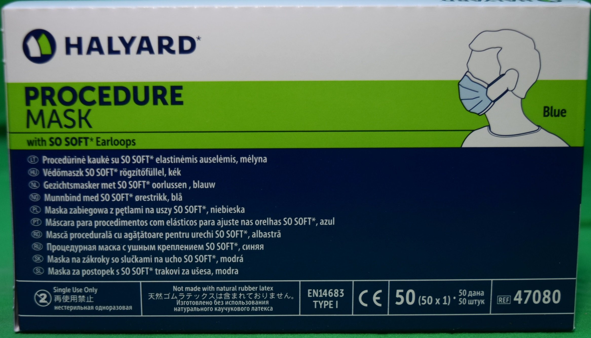HALYARD Single-Use, Disposable Earloop Medical Mask, Designed For Short-Term Wear, Pleat-Style w/Earloops, Blue, 47080 (Box of 50)
