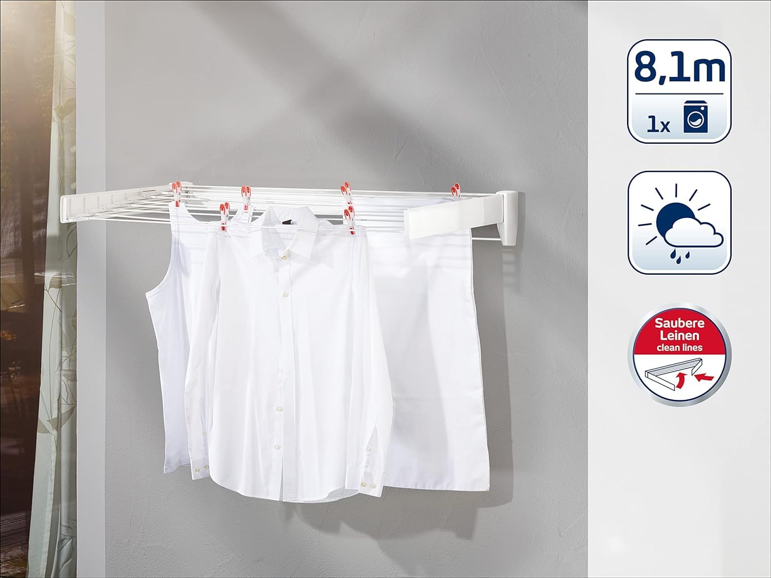 Leifheit 83100 Telefix 100 Wall Mount Retractable Clothes Drying Rack | 8 Drying Rods | White