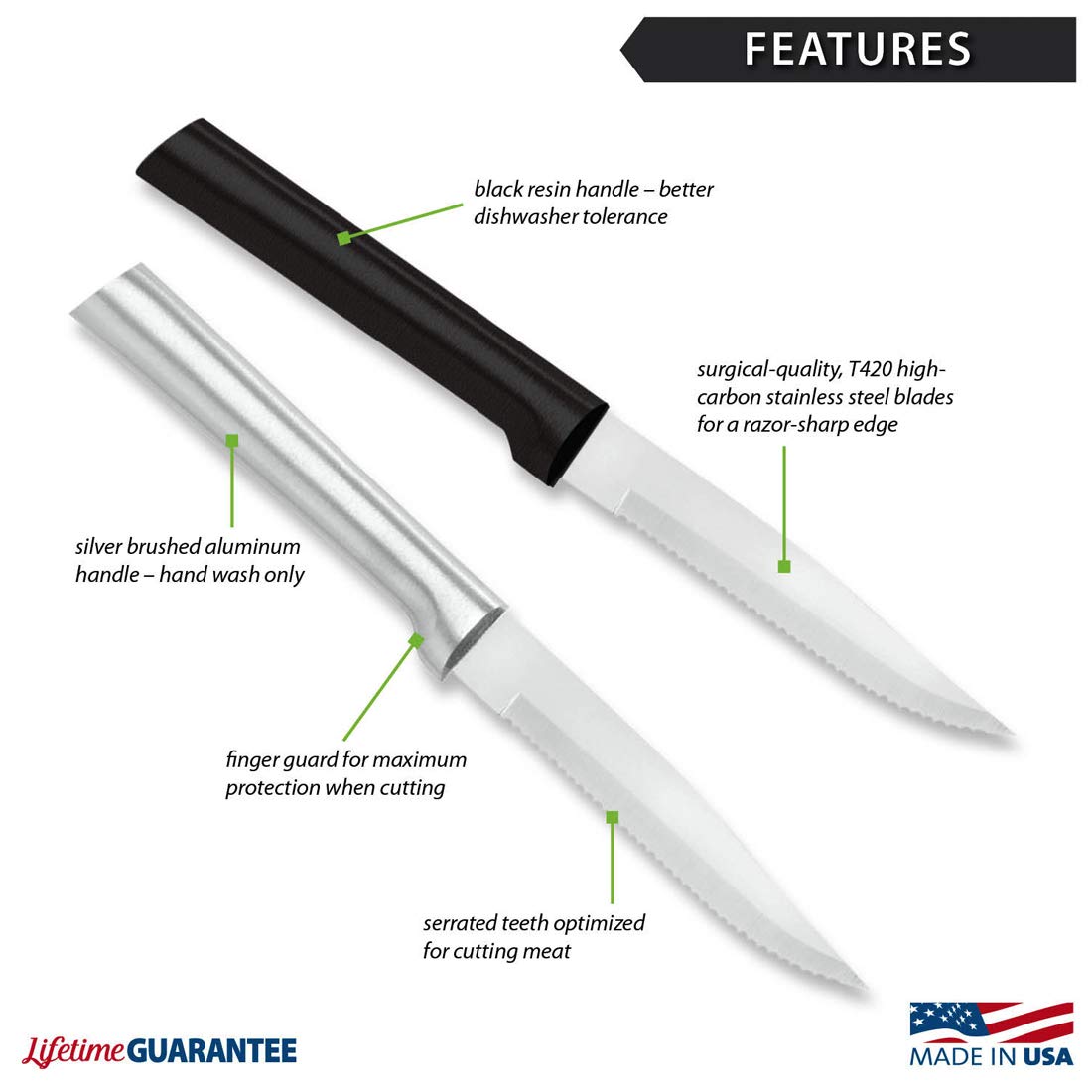 Rada Cutlery Serrated Steak Knife Stainless Steel Blade With Aluminum Made in USA, 7-3/4 Inches, Silver Handle
