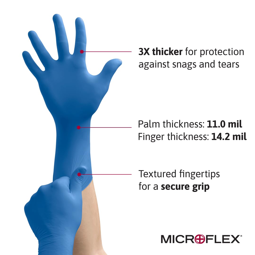 Microflex SafeGrip SG-375 Extra Thick Disposable Latex Gloves for Life Sciences, Automotive w/ Textured Fingertips - Small, Blue (Box of 50)