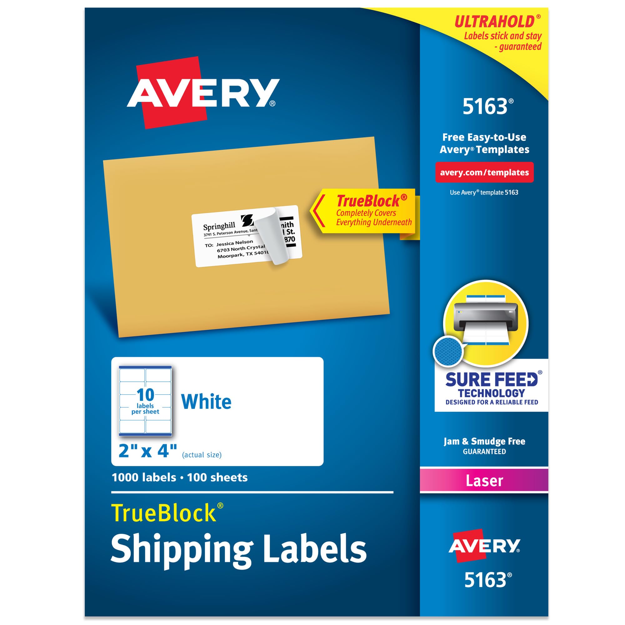 Avery Shipping Address Labels, Laser Printers, 1,000 Labels, 2x4 Labels, Permanent Adhesive, TrueBlock (5163)