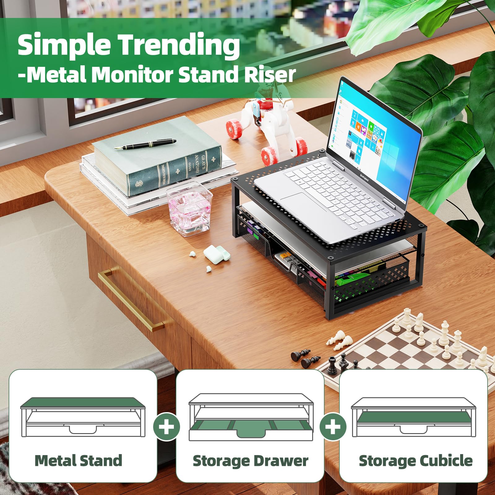 Simple Trending-Metal Monitor Stand Riser and Computer Desk Organizer with Drawer for Laptop, Computer, iMac, Black