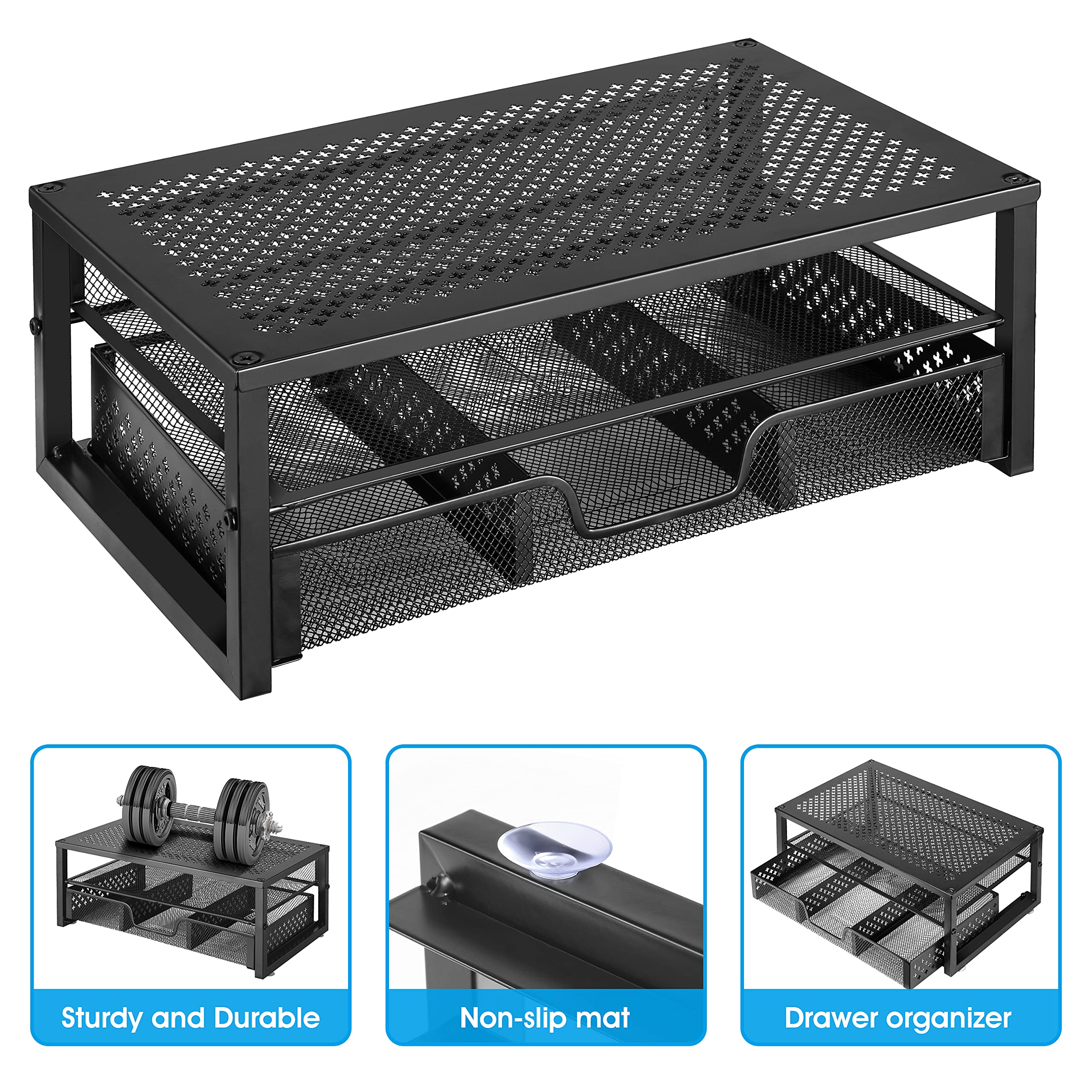 Simple Trending-Metal Monitor Stand Riser and Computer Desk Organizer with Drawer for Laptop, Computer, iMac, Black