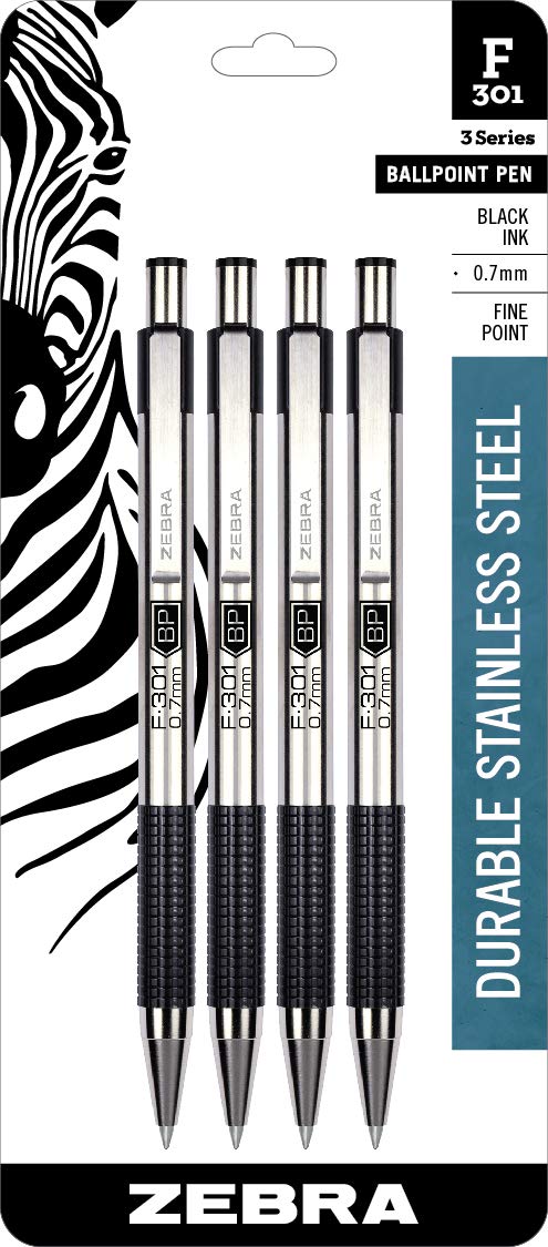 Zebra Pen F-301 Retractable Ballpoint Pen, Stainless Steel Barrel, Fine Point, 0.7mm, Black Ink, 4-Pack (Packaging May Vary)