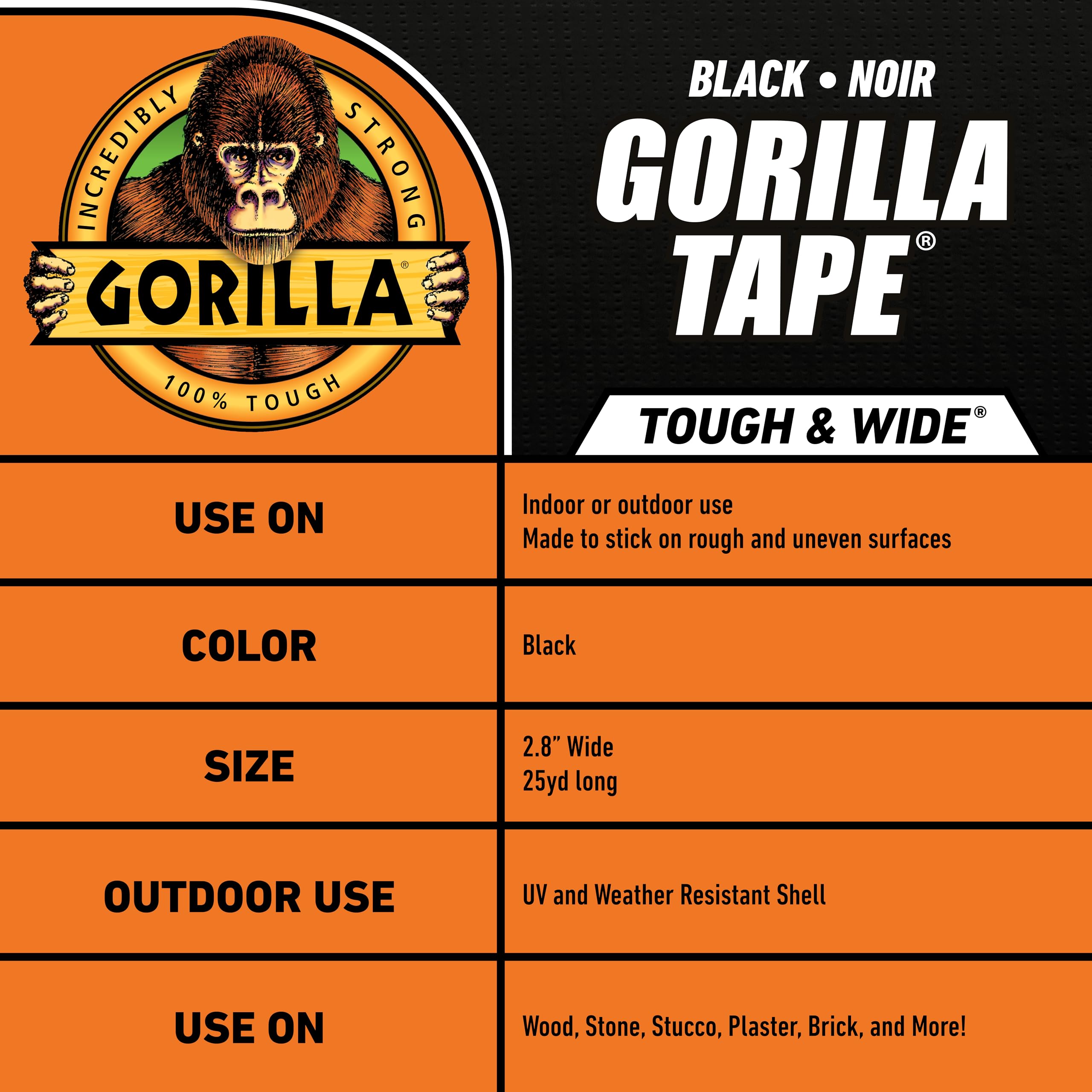 Gorilla Tough & Wide Duct Tape, 2.88" x 25yd, Black, (Pack of 1)