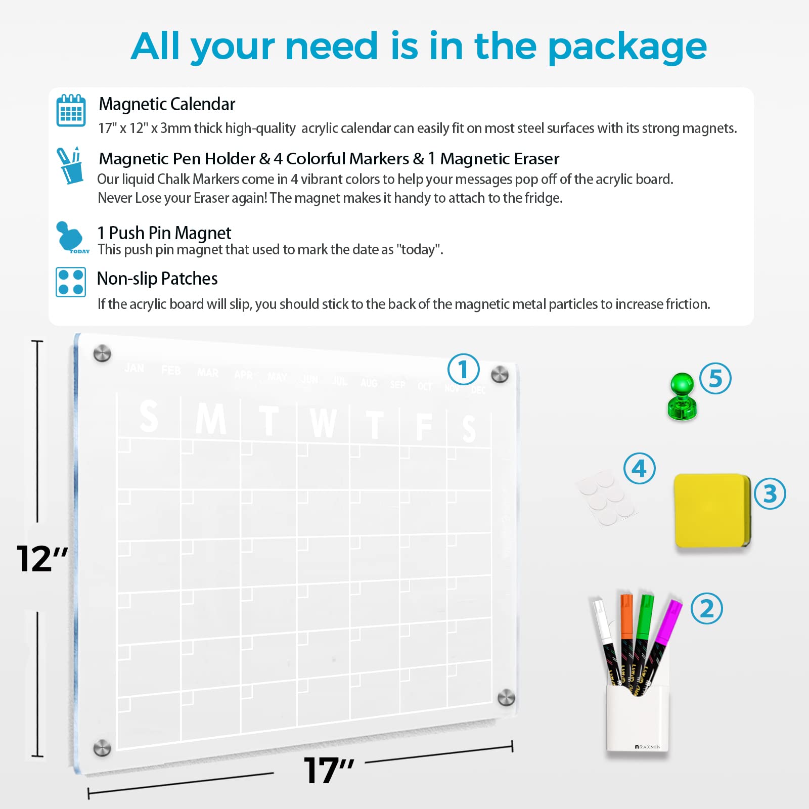 Magnetic Acrylic Calendar for Fridge 17"x12" Clear Dry Erase Calendar Board for Refrigerator Includes 4 Dry Erase Markers and Eraser