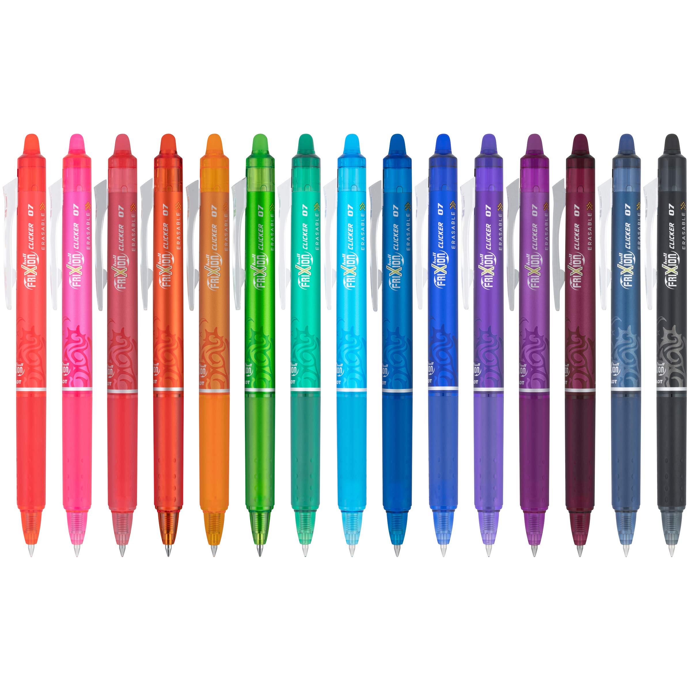 PILOT Pen 14447 FriXion Clicker Erasable, Refillable & Retractable Gel Ink Pens, Fine Point, Assorted Color Inks, 15-Pack Pouch
