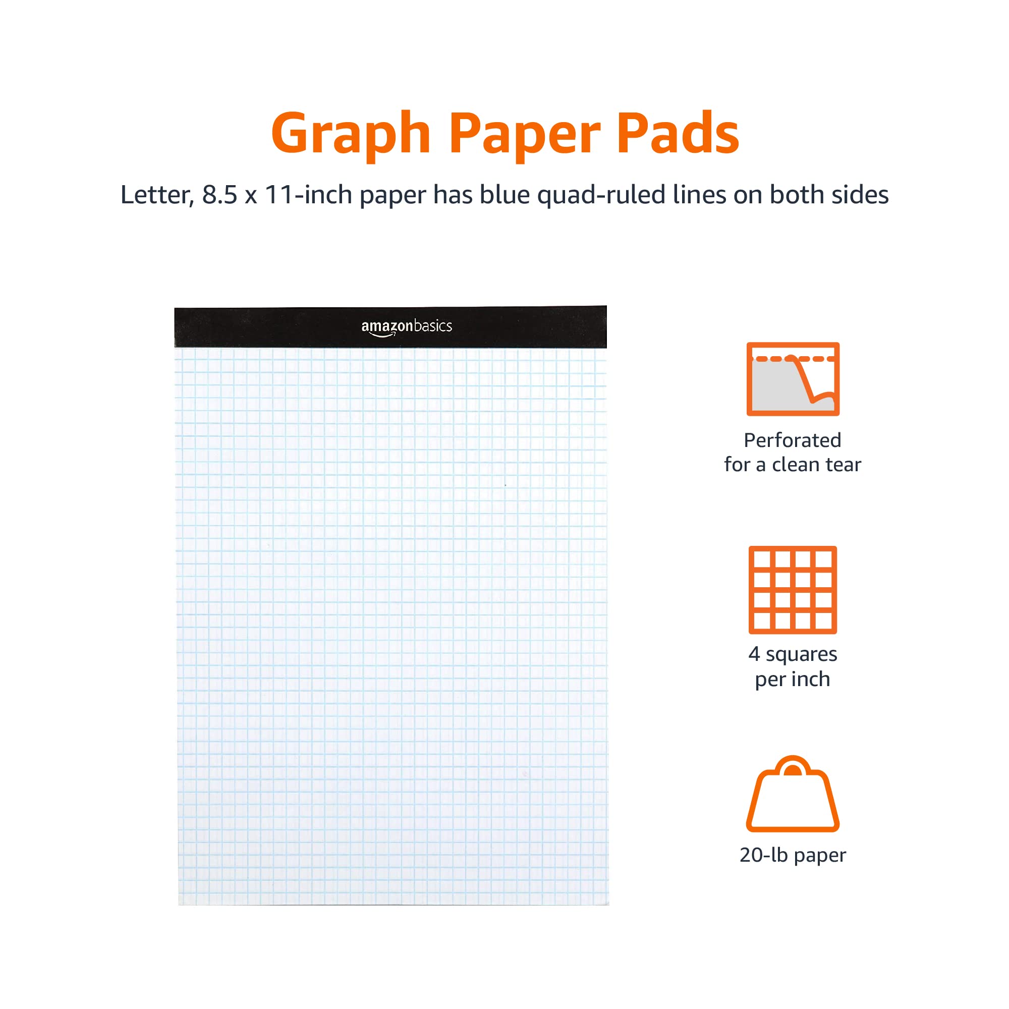 Amazon Basics Quad Ruled Graph Paper Pad, Letter Size 8.5 x 11-Inch, 100 sheets per pad, 6-Pack