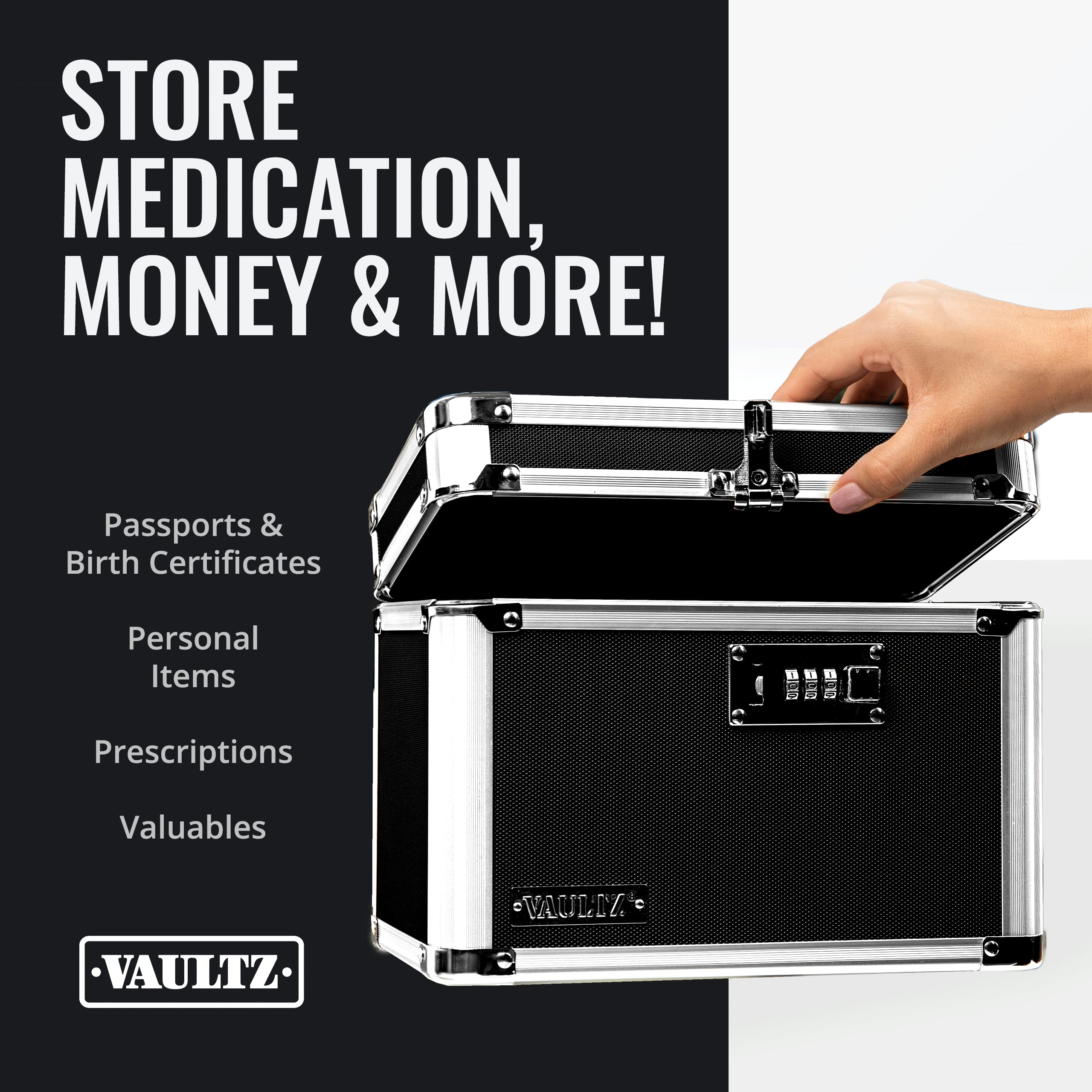 Vaultz Combination Lock Box - Pack of 1 - 10 x 7.25 x 7.75 Inch Standard Safe with Key and Combo Lock for Important Documents, Medicine & Money - BLACK