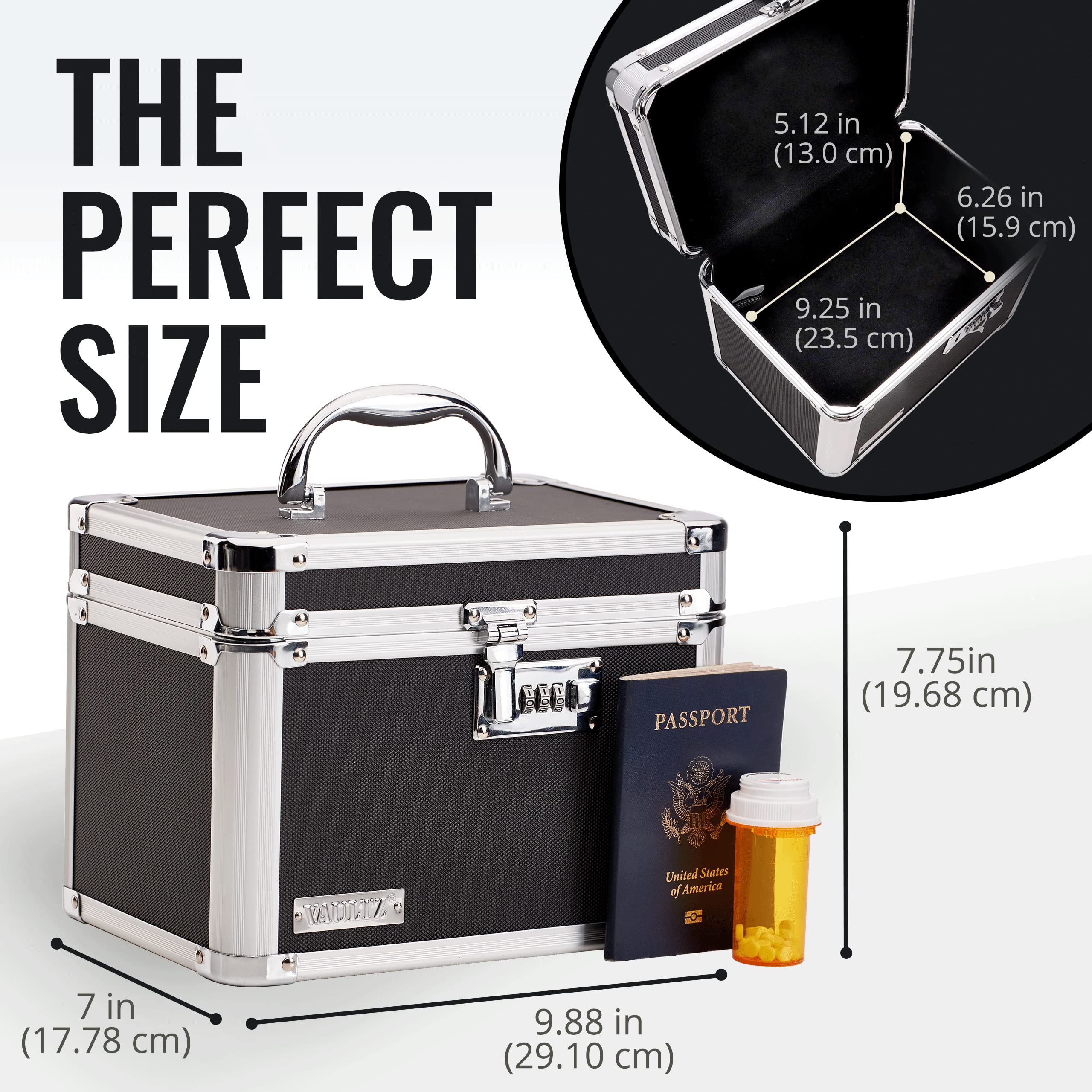 Vaultz Combination Lock Box - Pack of 1 - 10 x 7.25 x 7.75 Inch Standard Safe with Key and Combo Lock for Important Documents, Medicine & Money - BLACK