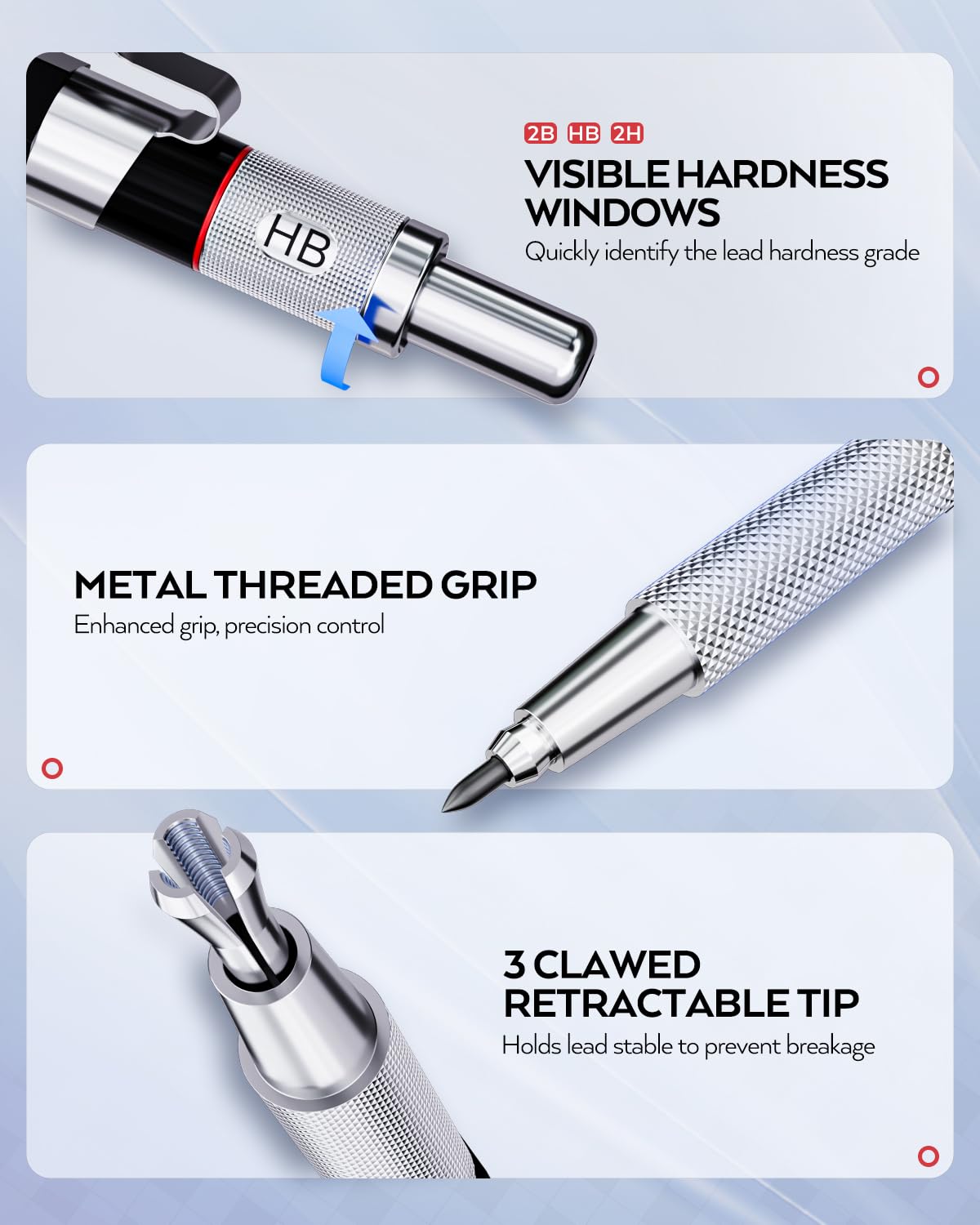 Nicpro 6PCS Art Mechanical Pencils Set, 3 PCS Metal Drafting Pencil 0.5 mm & 0.7 mm & 0.9 mm & 3 PCS 2mm Graphite Lead Holder (2B HB 2H) For Writing, Sketching Drawing With 12 Tube Lead Refills Case