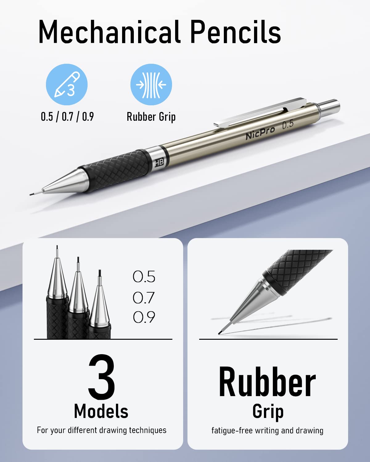 Nicpro 6PCS Art Mechanical Pencils Set, 3 PCS Metal Drafting Pencil 0.5 mm & 0.7 mm & 0.9 mm & 3 PCS 2mm Graphite Lead Holder (2B HB 2H) For Writing, Sketching Drawing With 12 Tube Lead Refills Case