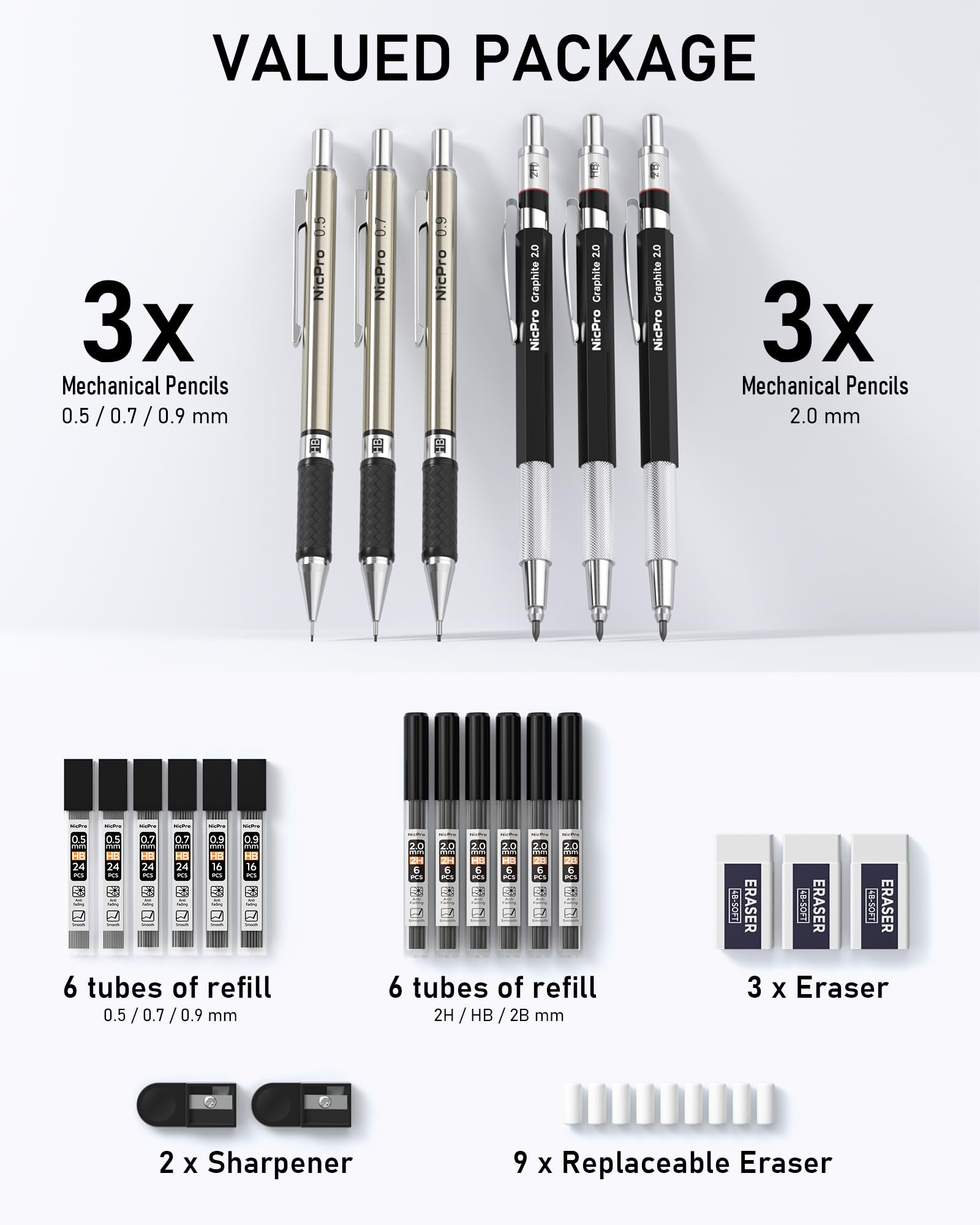 Nicpro 6PCS Art Mechanical Pencils Set, 3 PCS Metal Drafting Pencil 0.5 mm & 0.7 mm & 0.9 mm & 3 PCS 2mm Graphite Lead Holder (2B HB 2H) For Writing, Sketching Drawing With 12 Tube Lead Refills Case