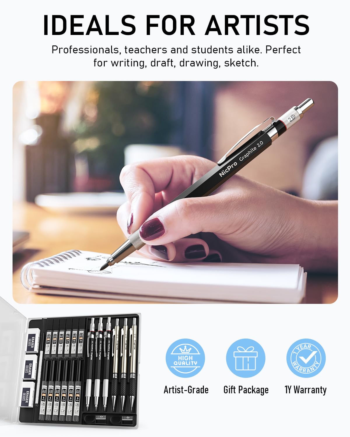 Nicpro 6PCS Art Mechanical Pencils Set, 3 PCS Metal Drafting Pencil 0.5 mm & 0.7 mm & 0.9 mm & 3 PCS 2mm Graphite Lead Holder (2B HB 2H) For Writing, Sketching Drawing With 12 Tube Lead Refills Case