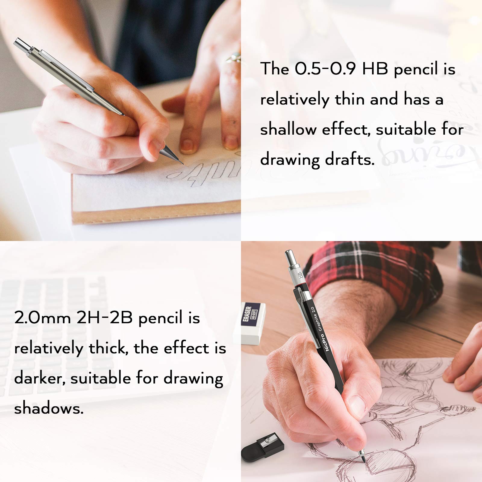 Nicpro 6PCS Art Mechanical Pencils Set, 3 PCS Metal Drafting Pencil 0.5 mm & 0.7 mm & 0.9 mm & 3 PCS 2mm Graphite Lead Holder (2B HB 2H) For Writing, Sketching Drawing With 12 Tube Lead Refills Case