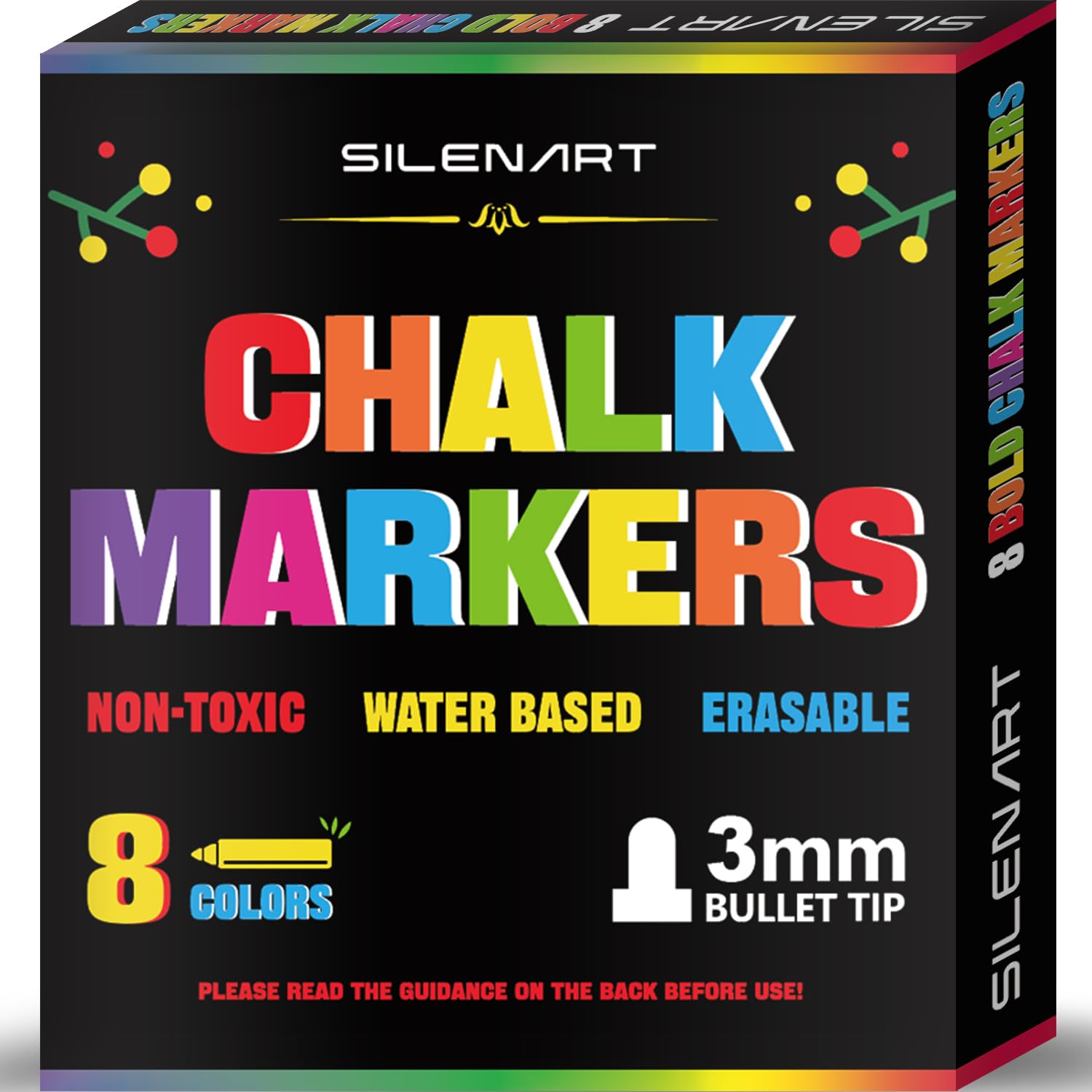 SILENART Durable Chalk Markers - Includes 8 Long-lasting Colors and 24 Labels - Chalkboad Markers for Kids, Liquid Chalk Markers Erasbale, Window Markers for Car Glass Washable, Reversible Tip