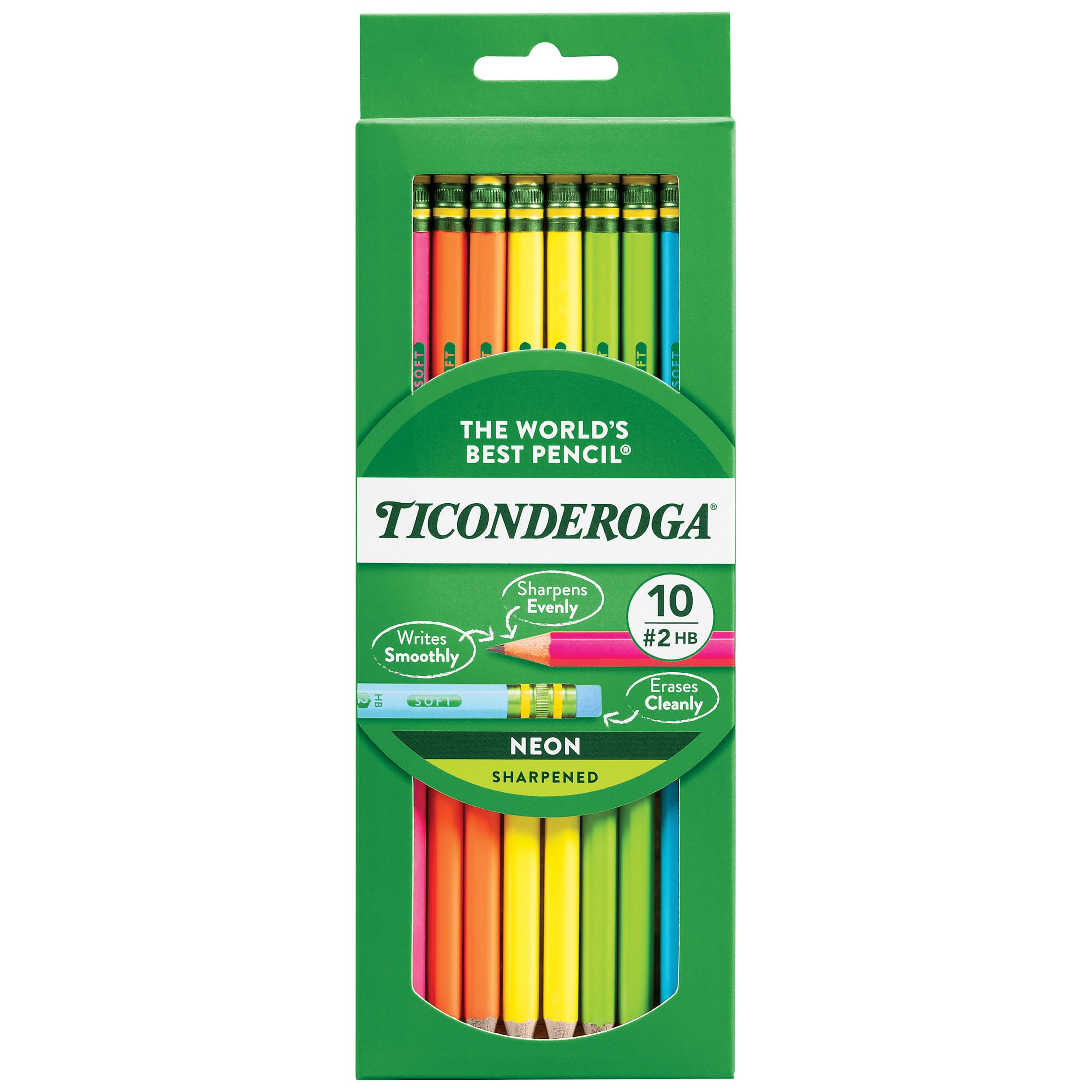Ticonderoga Wood-Cased Pencils, #2 HB Soft, Pre-Sharpened, Neon, 10 Count (X13810)