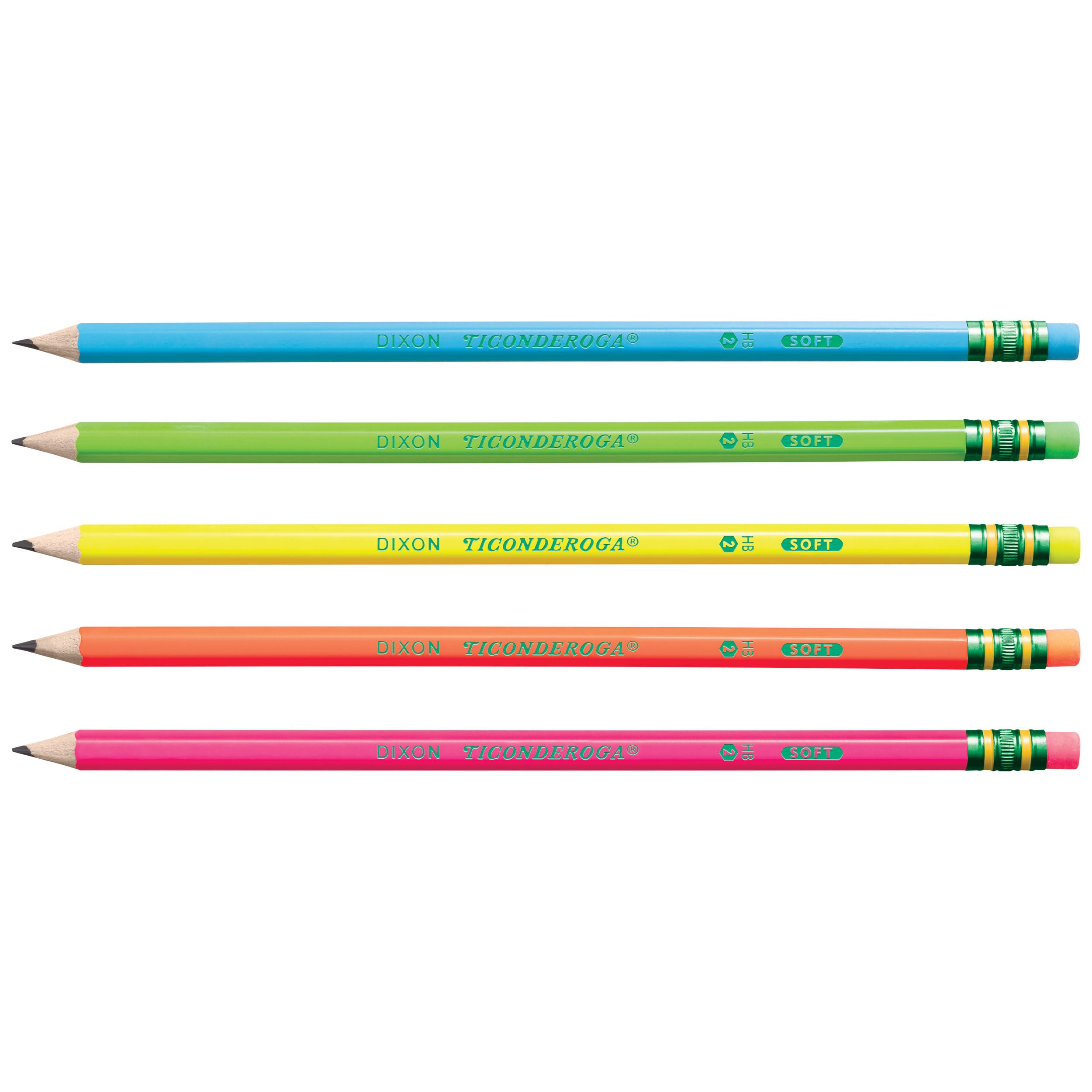 Ticonderoga Wood-Cased Pencils, #2 HB Soft, Pre-Sharpened, Neon, 10 Count (X13810)