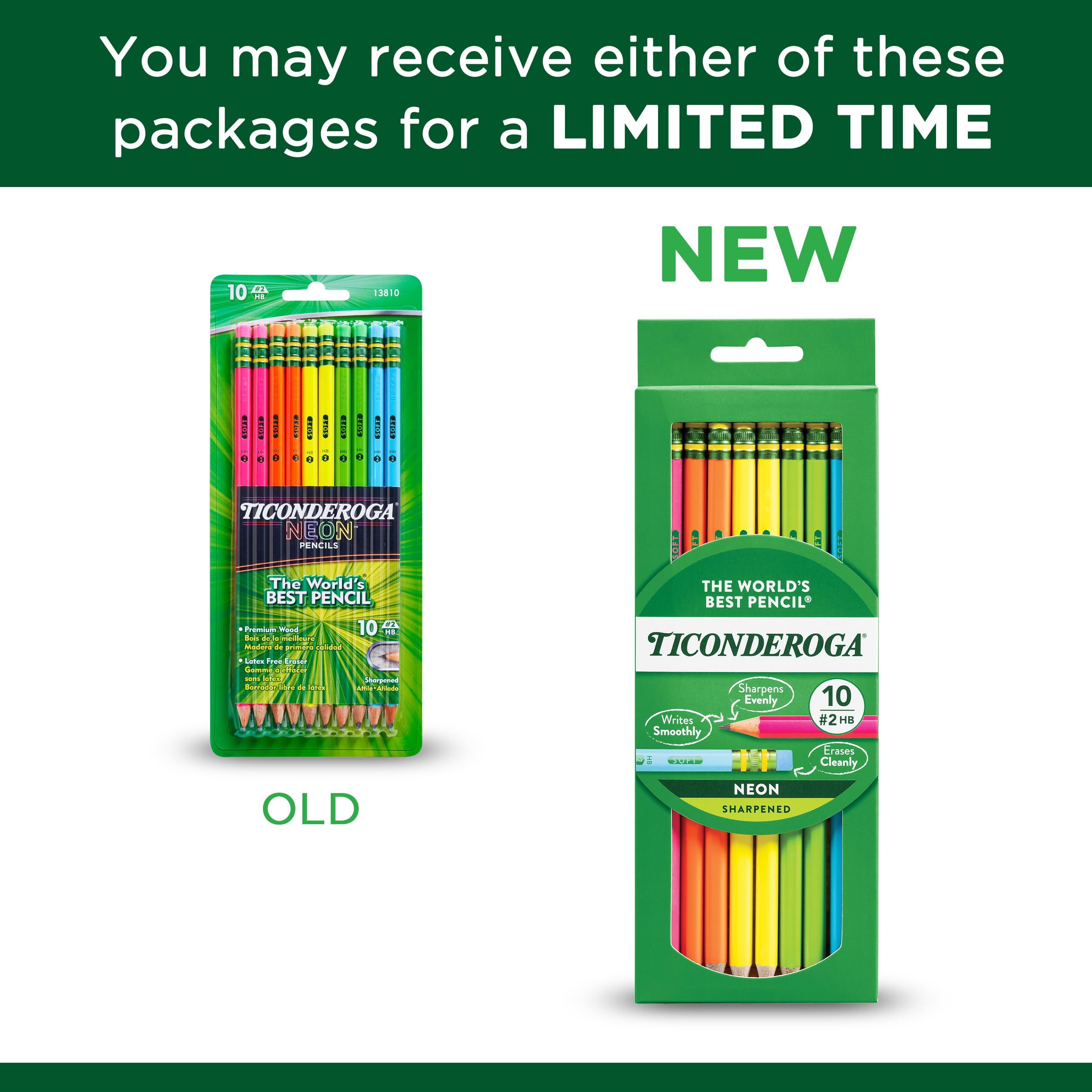 Ticonderoga Wood-Cased Pencils, #2 HB Soft, Pre-Sharpened, Neon, 10 Count (X13810)