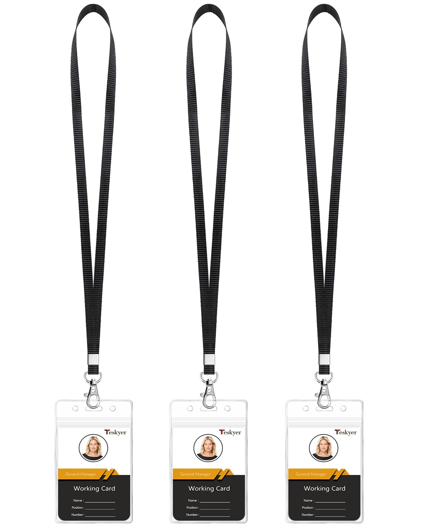 Teskyer Clear ID Badge Holder with Lanyard, Waterproof Extra Thick Plastic ID Card Holder with Resealable Zip, 2.5" x 3.5" Inner Size, Vertical Style, Set of 3, Black