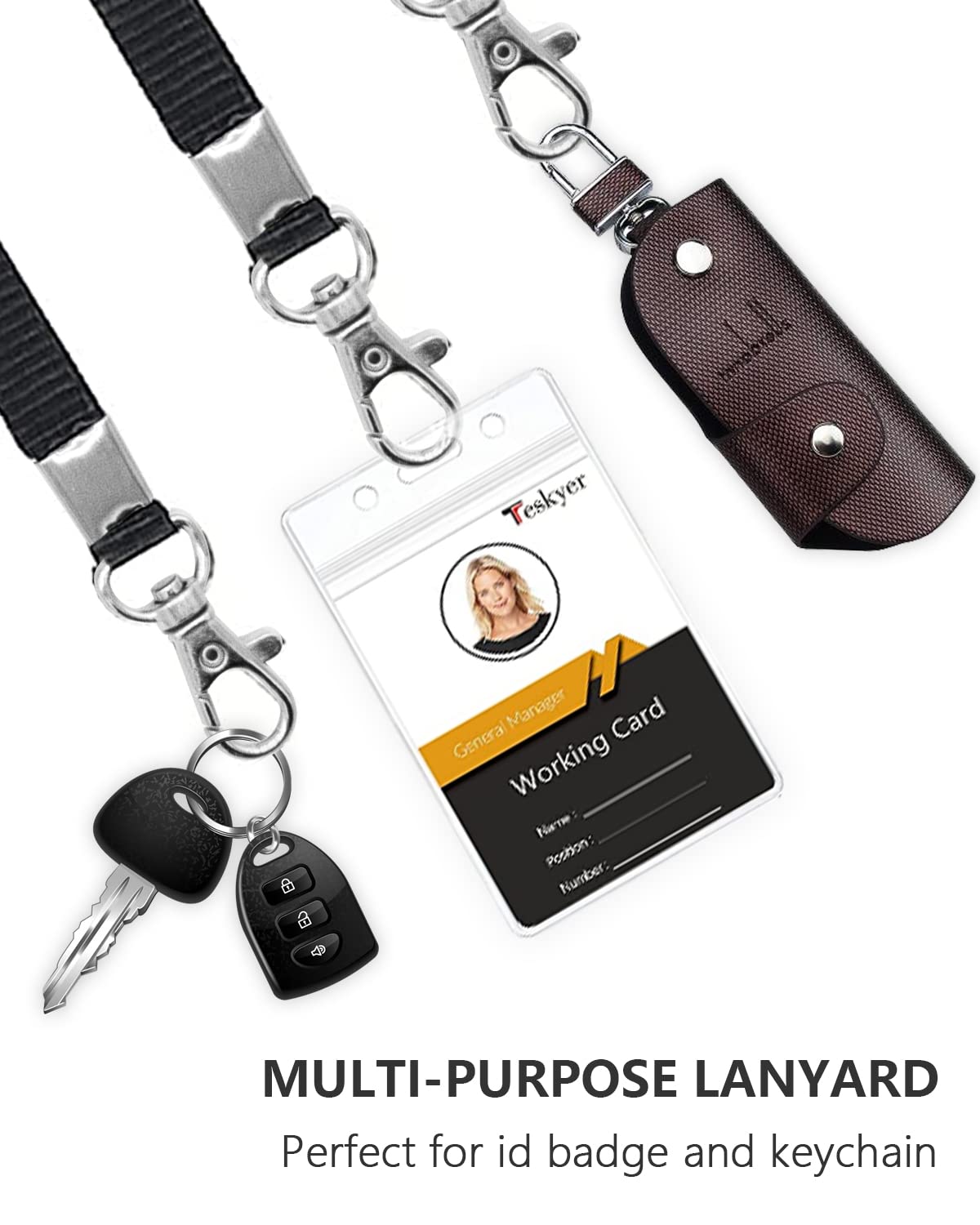 Teskyer Clear ID Badge Holder with Lanyard, Waterproof Extra Thick Plastic ID Card Holder with Resealable Zip, 2.5" x 3.5" Inner Size, Vertical Style, Set of 3, Black