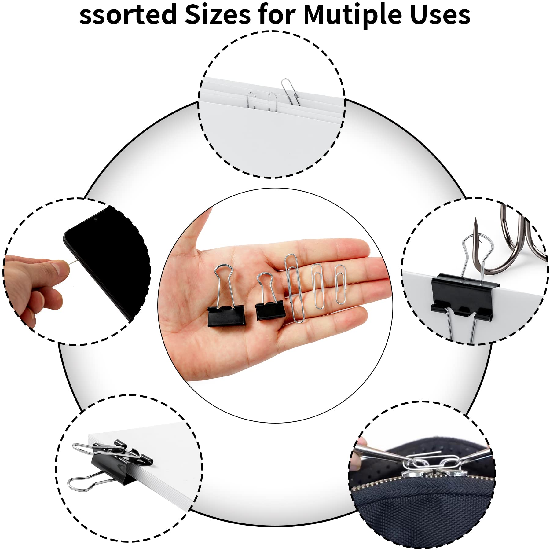 340PCS Paper Clips Binder Clips Paperclips Small Binder Clips Paper Clips Assorted Sizes (Black)