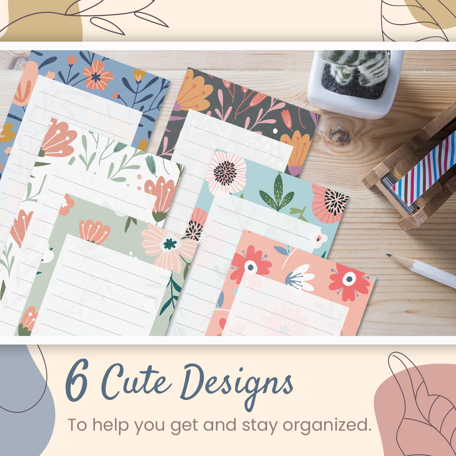 Grocery List Magnet Pad for Fridge, 6-Pack Magnetic Note Pads Lists, 60 Sheets Per Pad, 6 Cute Floral Designs, Full Magnet Back To-Do-List Notepads