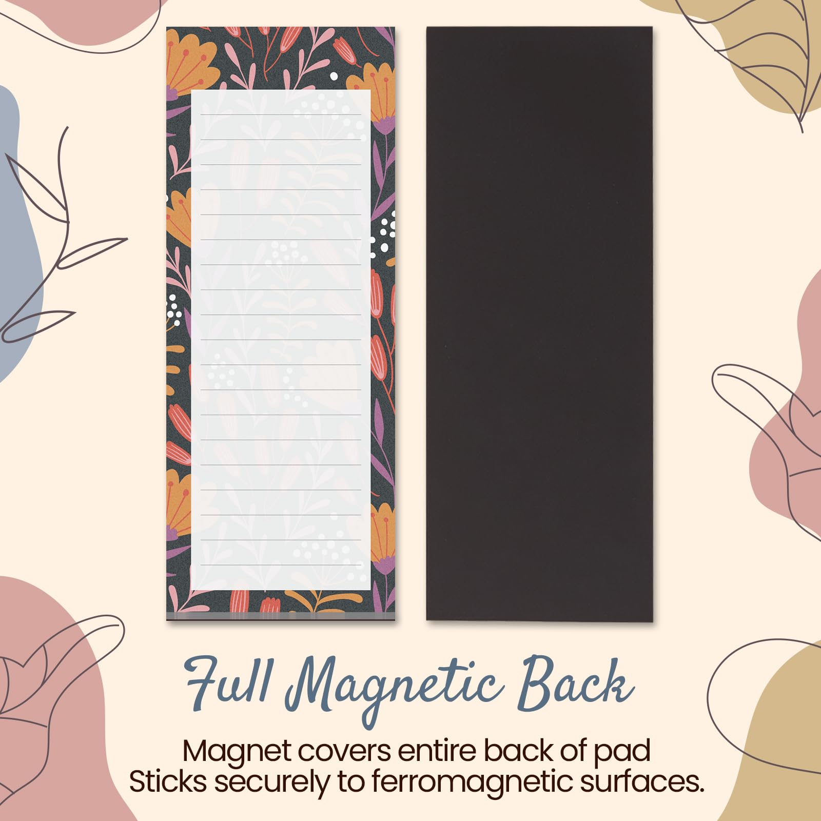 Grocery List Magnet Pad for Fridge, 6-Pack Magnetic Note Pads Lists, 60 Sheets Per Pad, 6 Cute Floral Designs, Full Magnet Back To-Do-List Notepads
