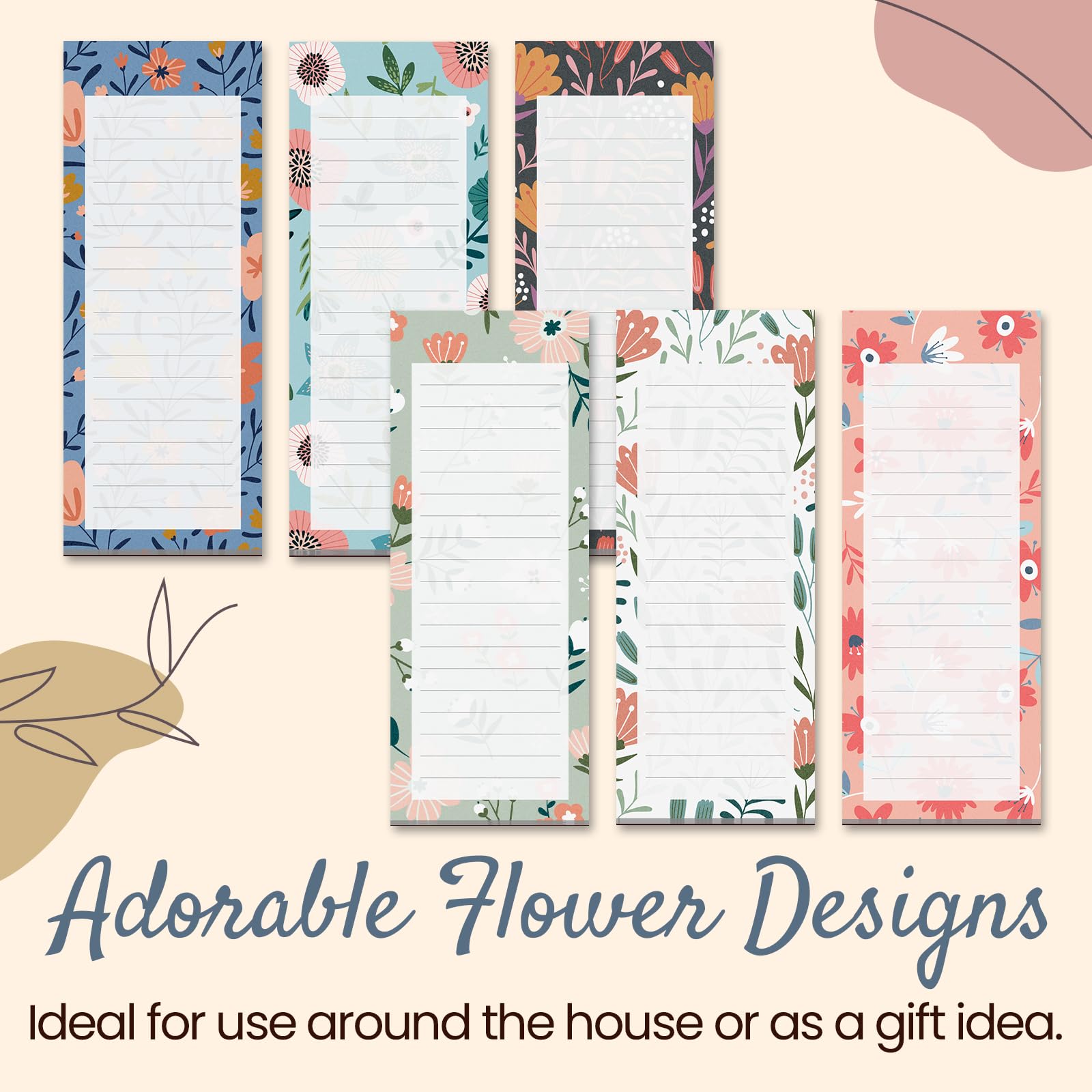 Grocery List Magnet Pad for Fridge, 6-Pack Magnetic Note Pads Lists, 60 Sheets Per Pad, 6 Cute Floral Designs, Full Magnet Back To-Do-List Notepads