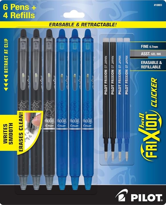 PILOT 6 Pack (3 Black & 3 Blue Ink Pens Included) + 4 Bonus Refills - Frixion Clicker Erasable Retractable Gel Pen - Fine Point 0.7 mm Used for Rocketbook & Notebook