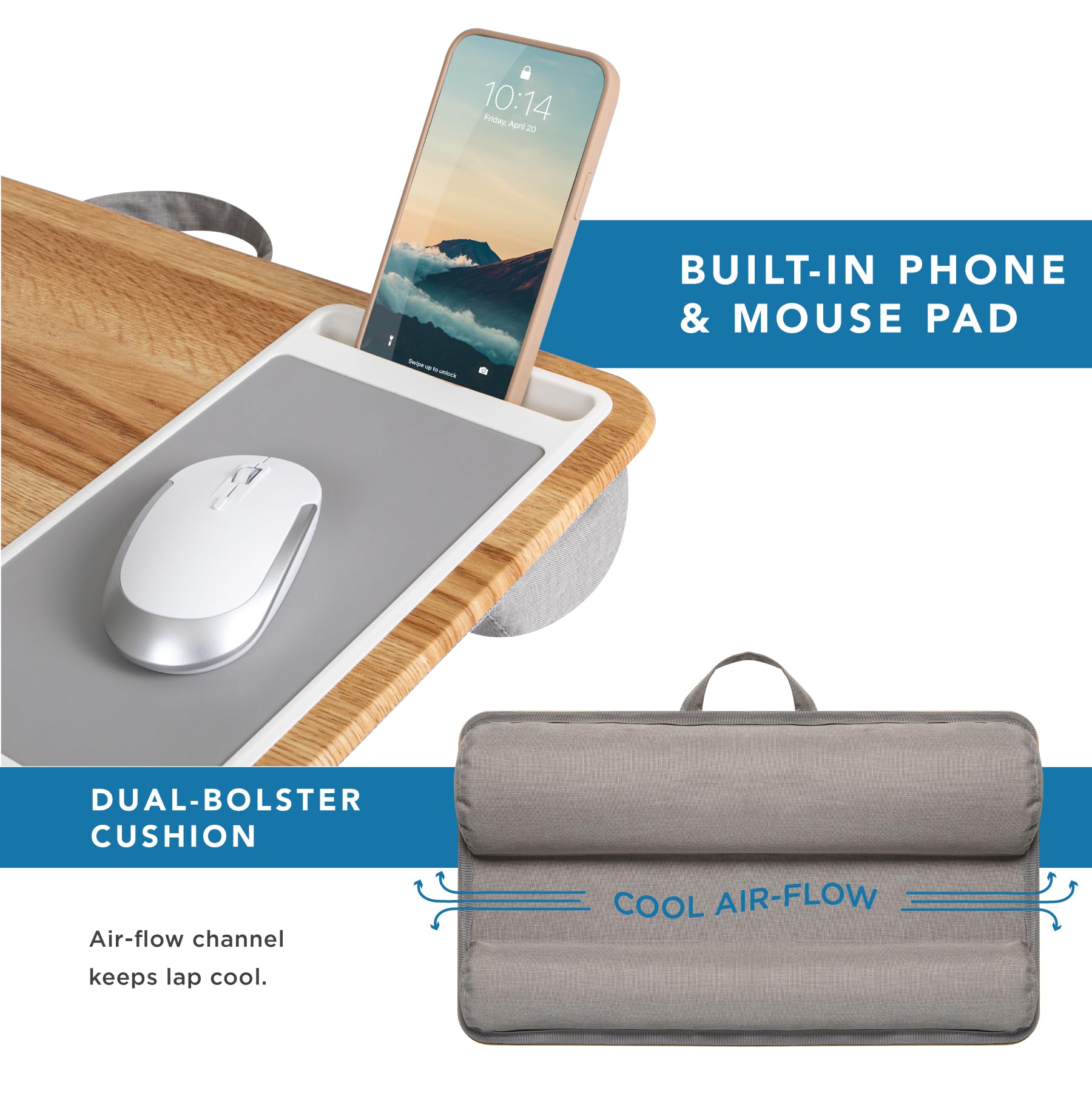 LapGear Home Office Lap Desk with Device Ledge, Mouse Pad, and Phone Holder - Oak Woodgrain - Fits up to 15.6 Inch Laptops - Style No. 91589