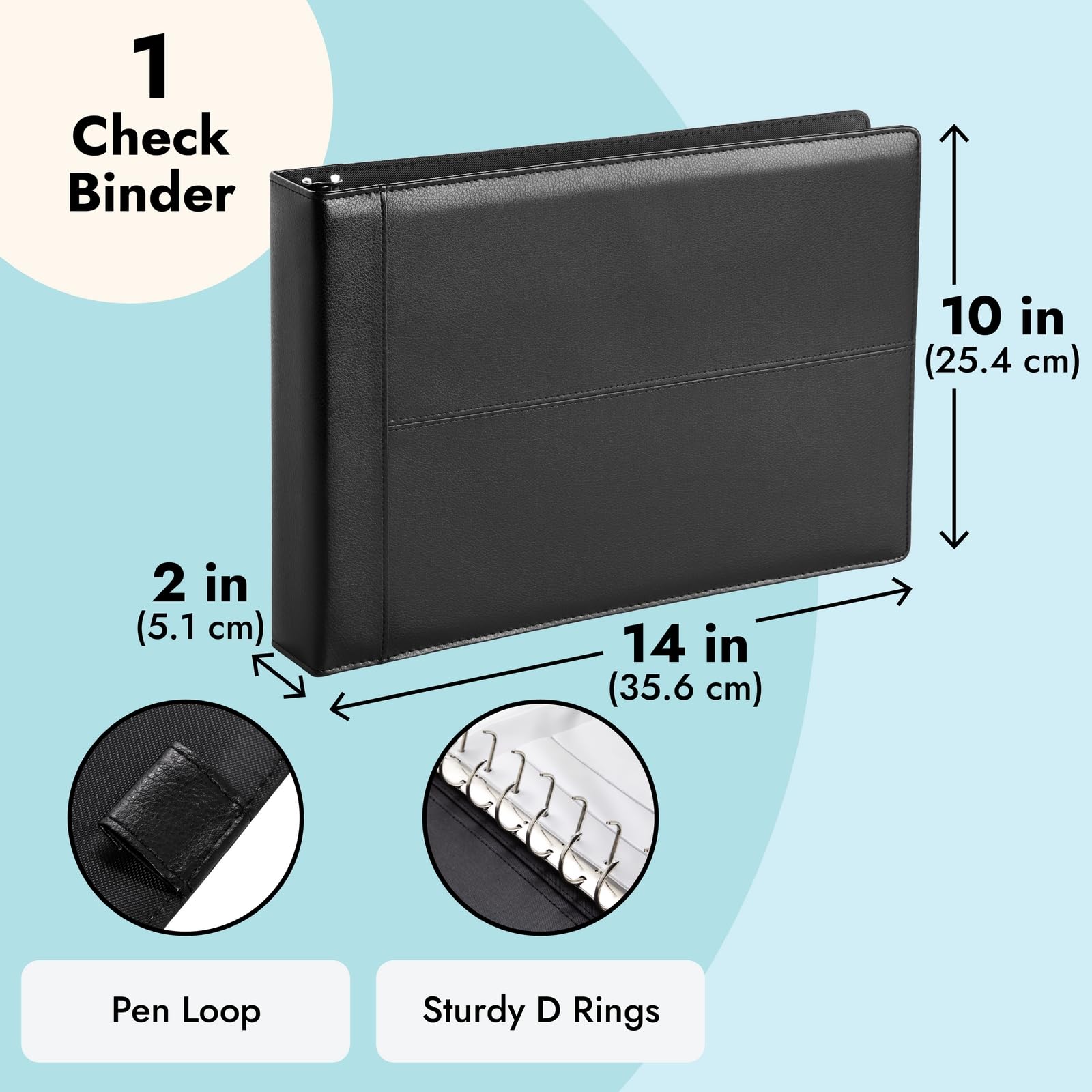 7 Ringed Business Check Binder for Checkbooks, Faux Leather Folder for 600 Checks (14 x 10 in)