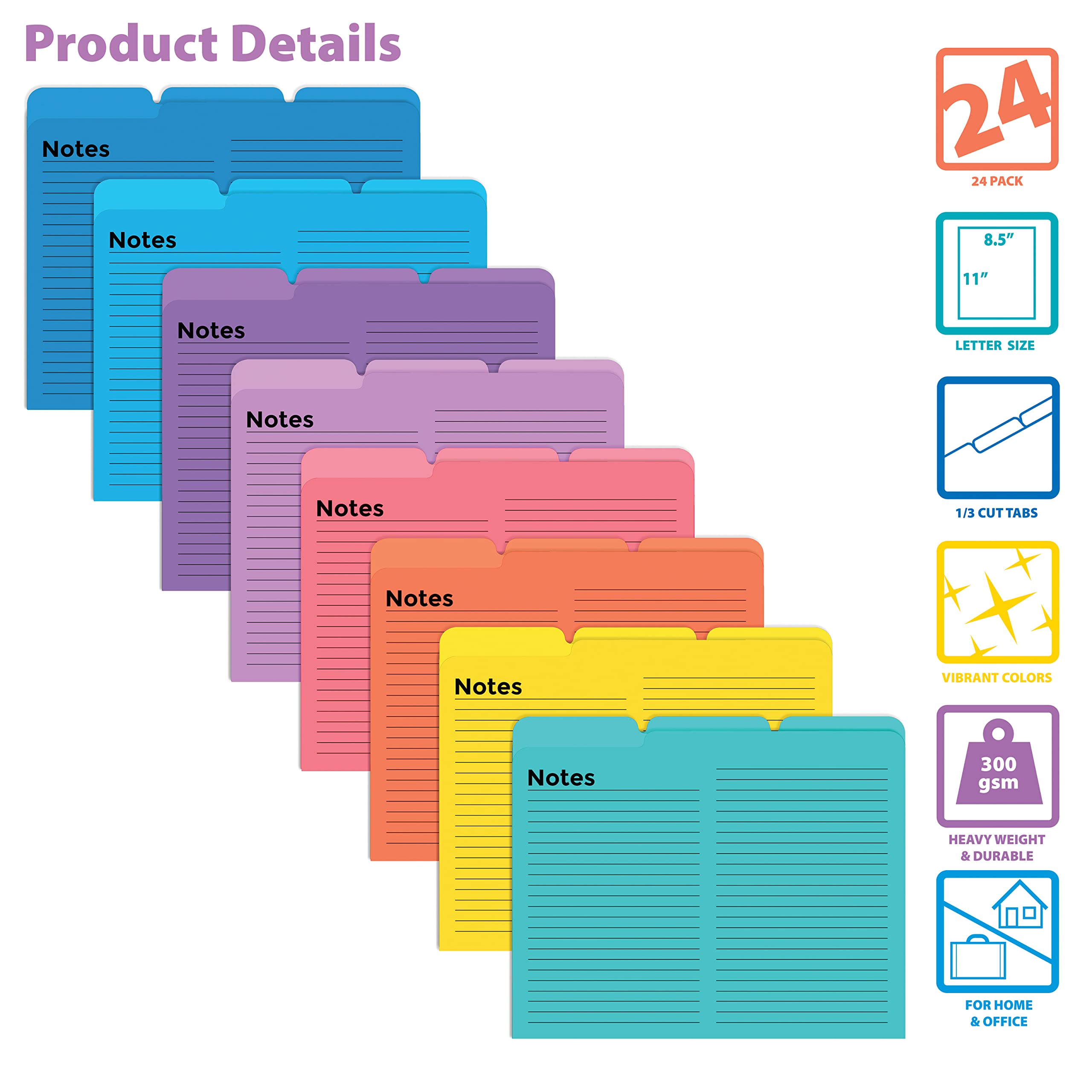 Lined File Folders, 24 Pack, Notes Tabbed File Folders, 1/3 Cut Tabs, 8 Vibrant Colors, Heavyweight, Letter Size Folders, 9.5" x 11.5", Left/Center/Right Set Per Color, by Better Office Products